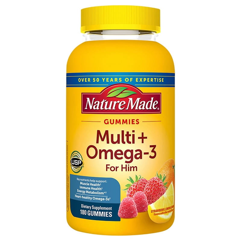 Nature Made Men's Multivitamin + Omega-3 Gummies, Strawberry, Lemon ...