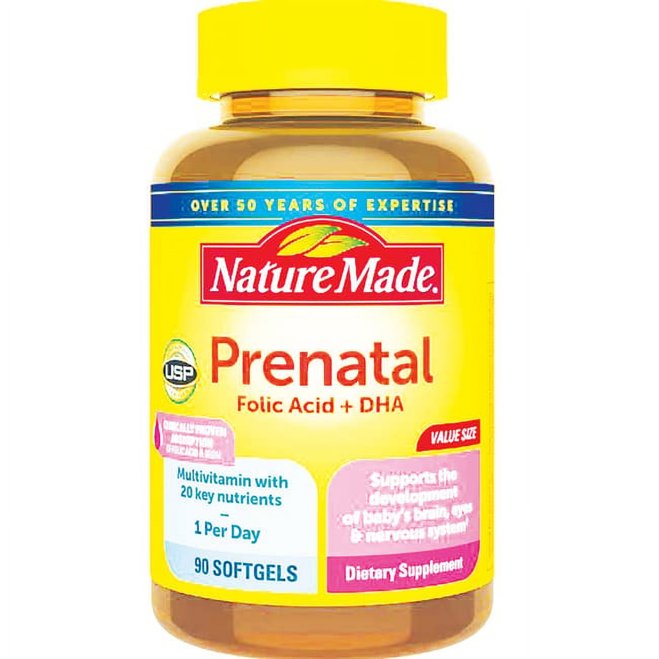 Nature Made Prenatal Vitamins with Folic Acid + DHA Softgels, Pregnancy ...