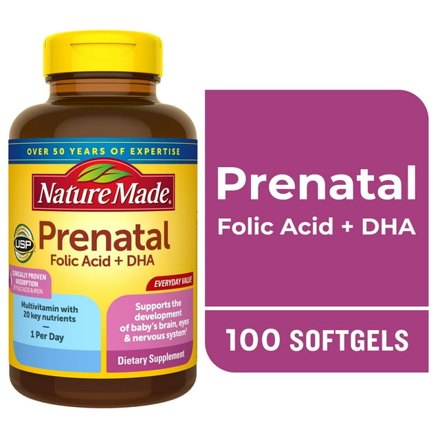 Nature Made Prenatal with Folic Acid + DHA Softgels, Prenatal Vitamin ...