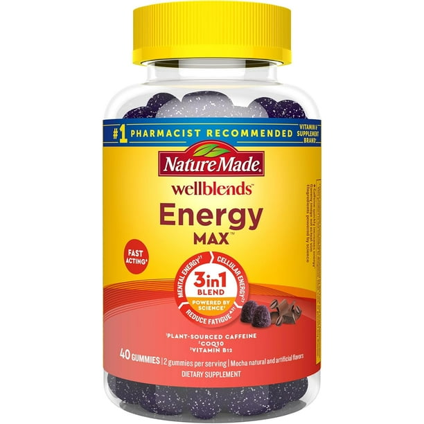 Nature Made Wellblends EnergyMAX Gummies, Fast Acting Caffeine, CoQ10 & Vitamin B12 1000mcg ...