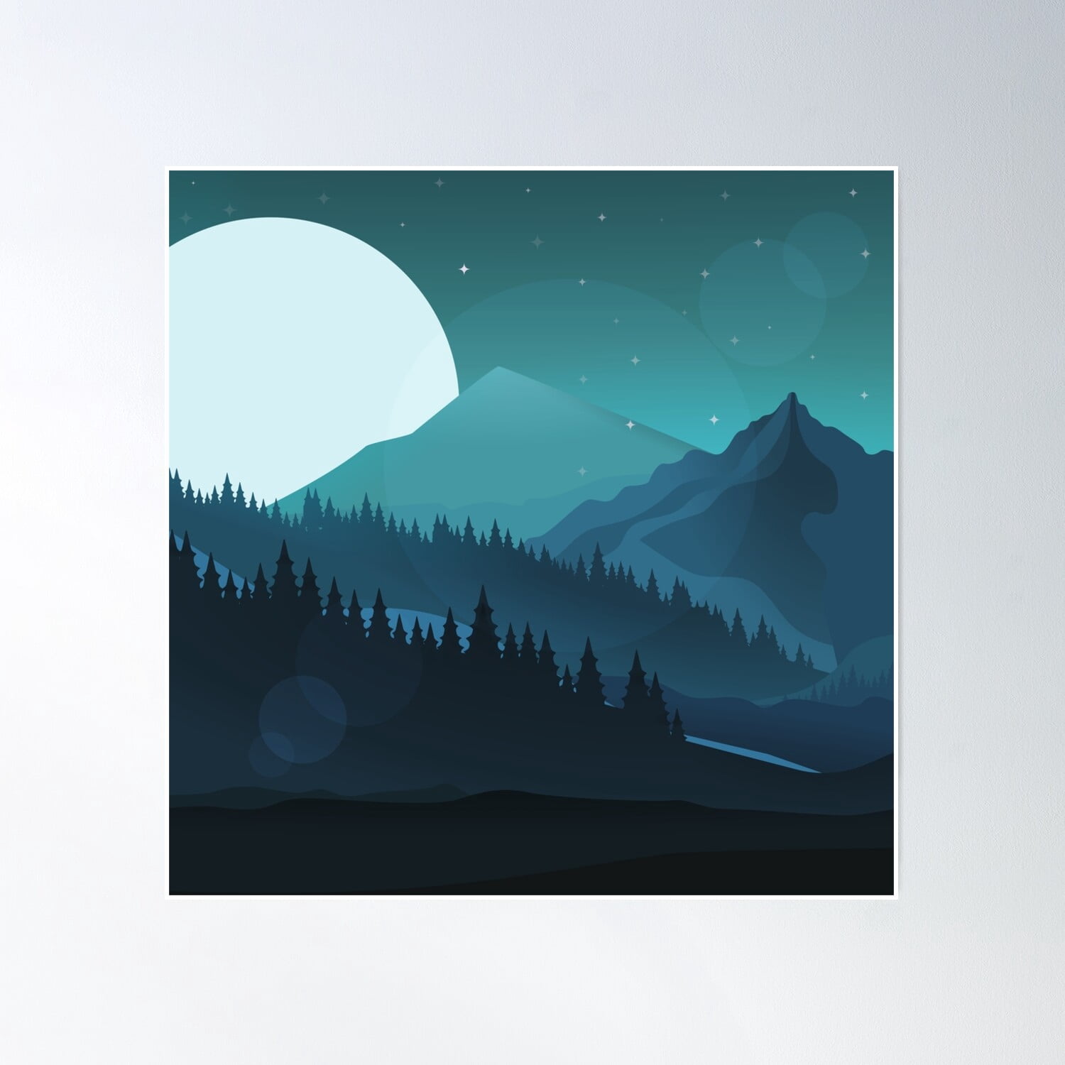 Nature Mountain Forest Full Moon Blue Night Scenery Poster Wall Art ...
