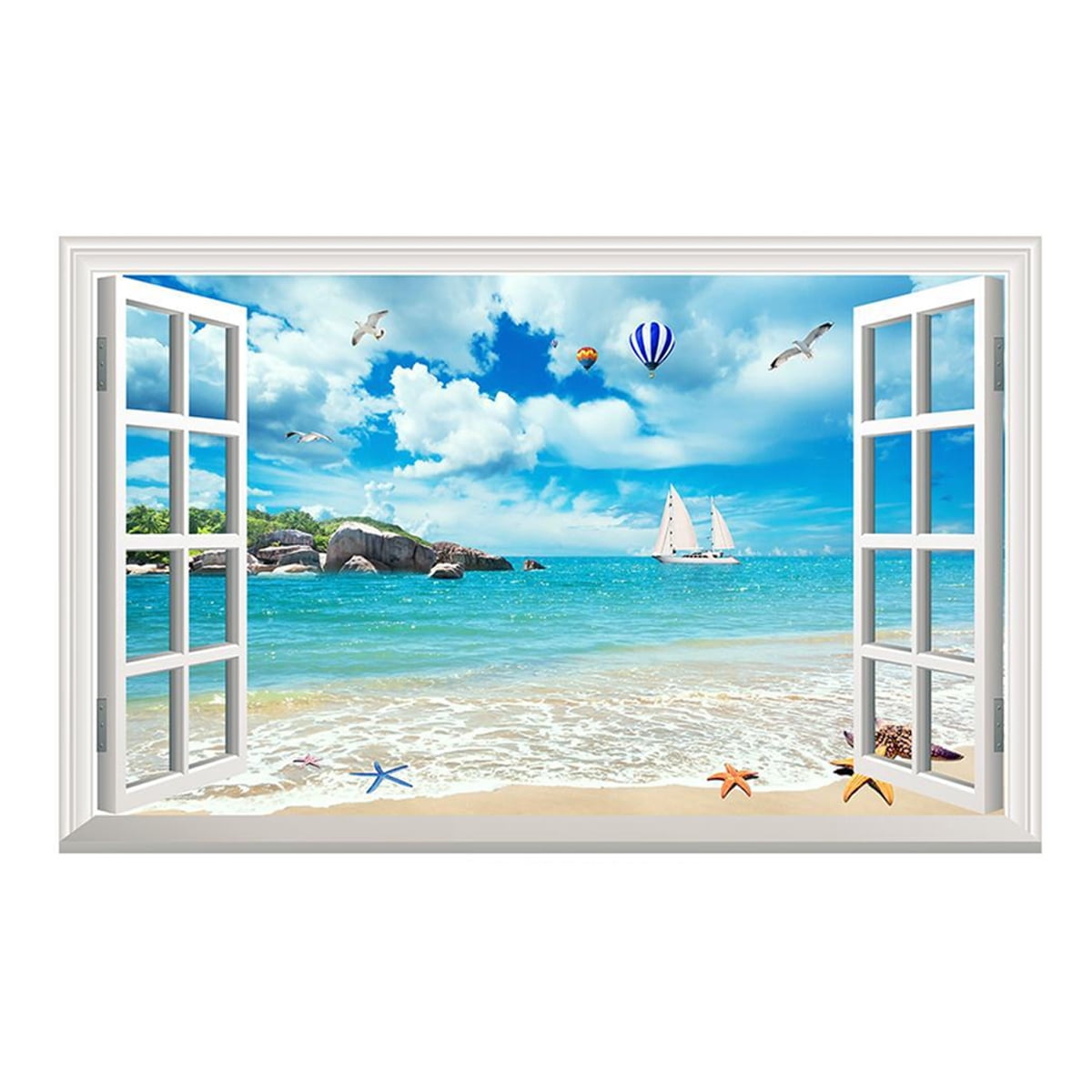 Nature Mountain Forest Lake Wall Stickers , 3D Lake View Fake Window ...