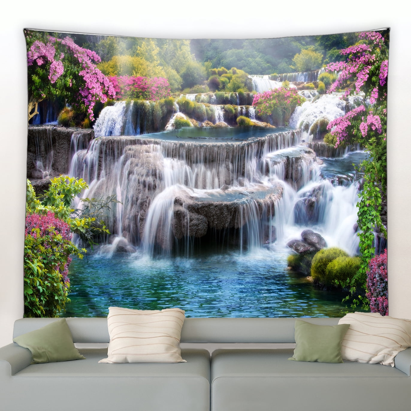 Nature Park Landscape Tapestry Arch Bridge Lake Pavilion Trees Flowers ...