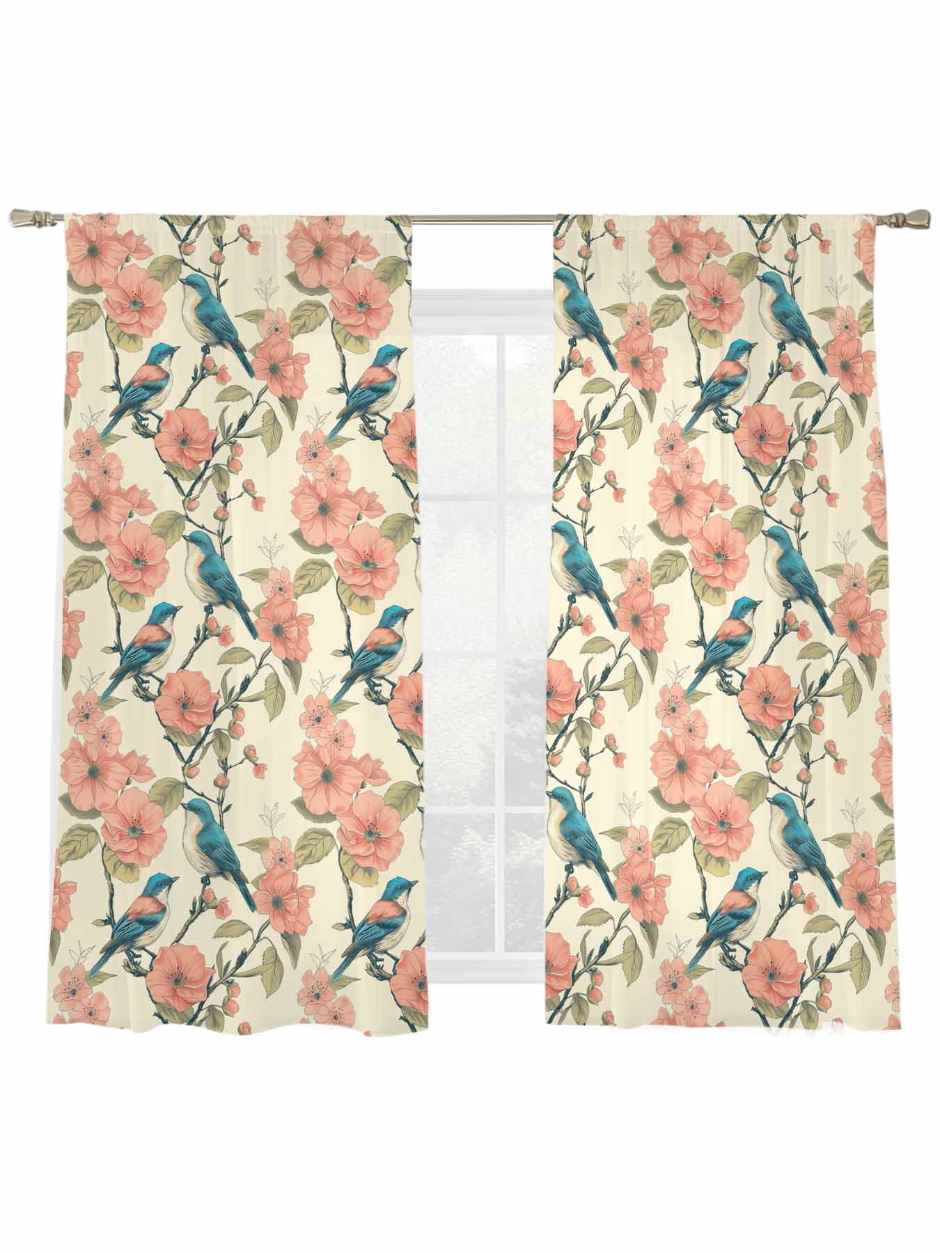 Nature Plant Sheer Curtains 2 Panels Set Tree Branches Birds Flowers ...