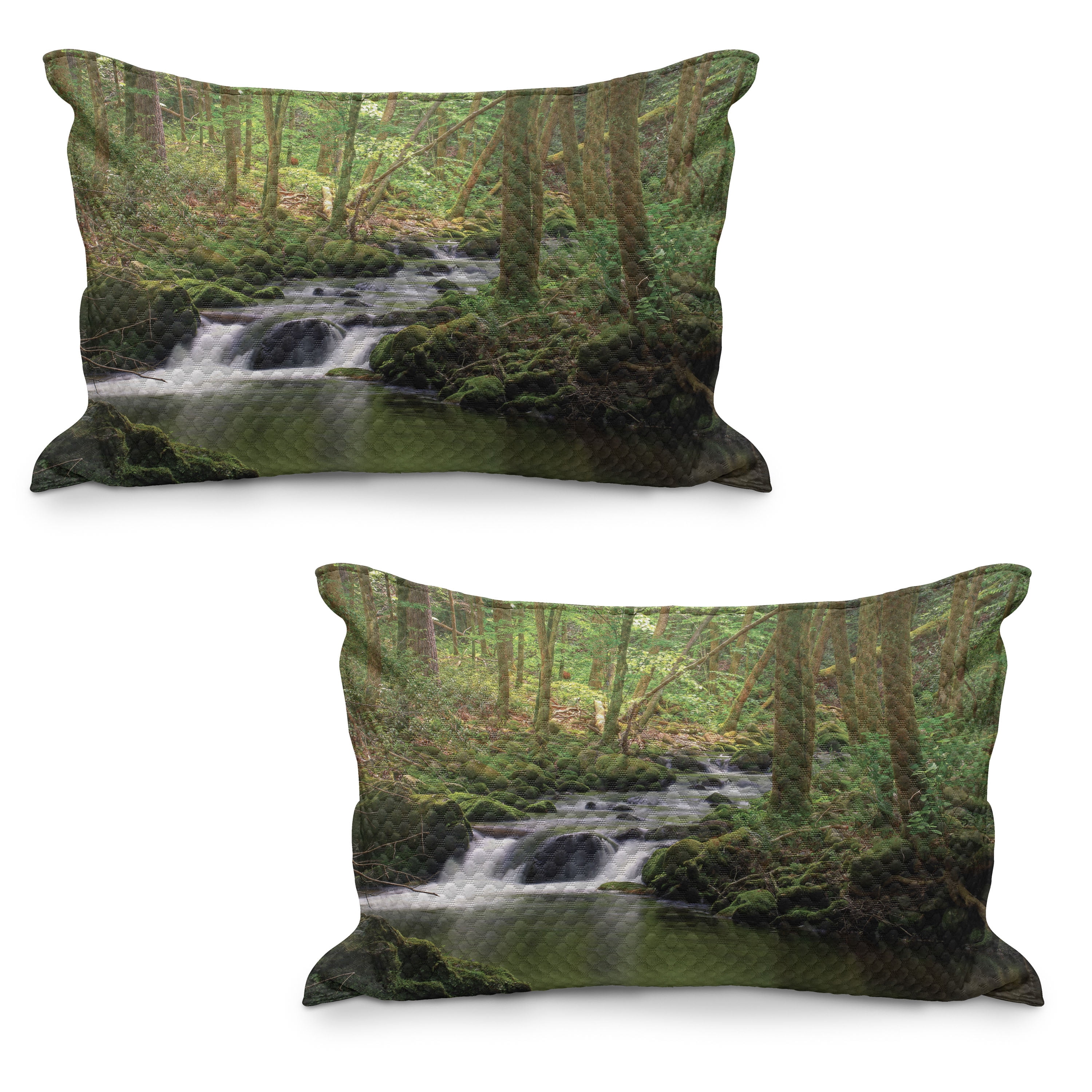 Nature Quilted Pillowcover Set of 2, Stream Flowing inest Mossy Rocks Tree Foliage Splash ...