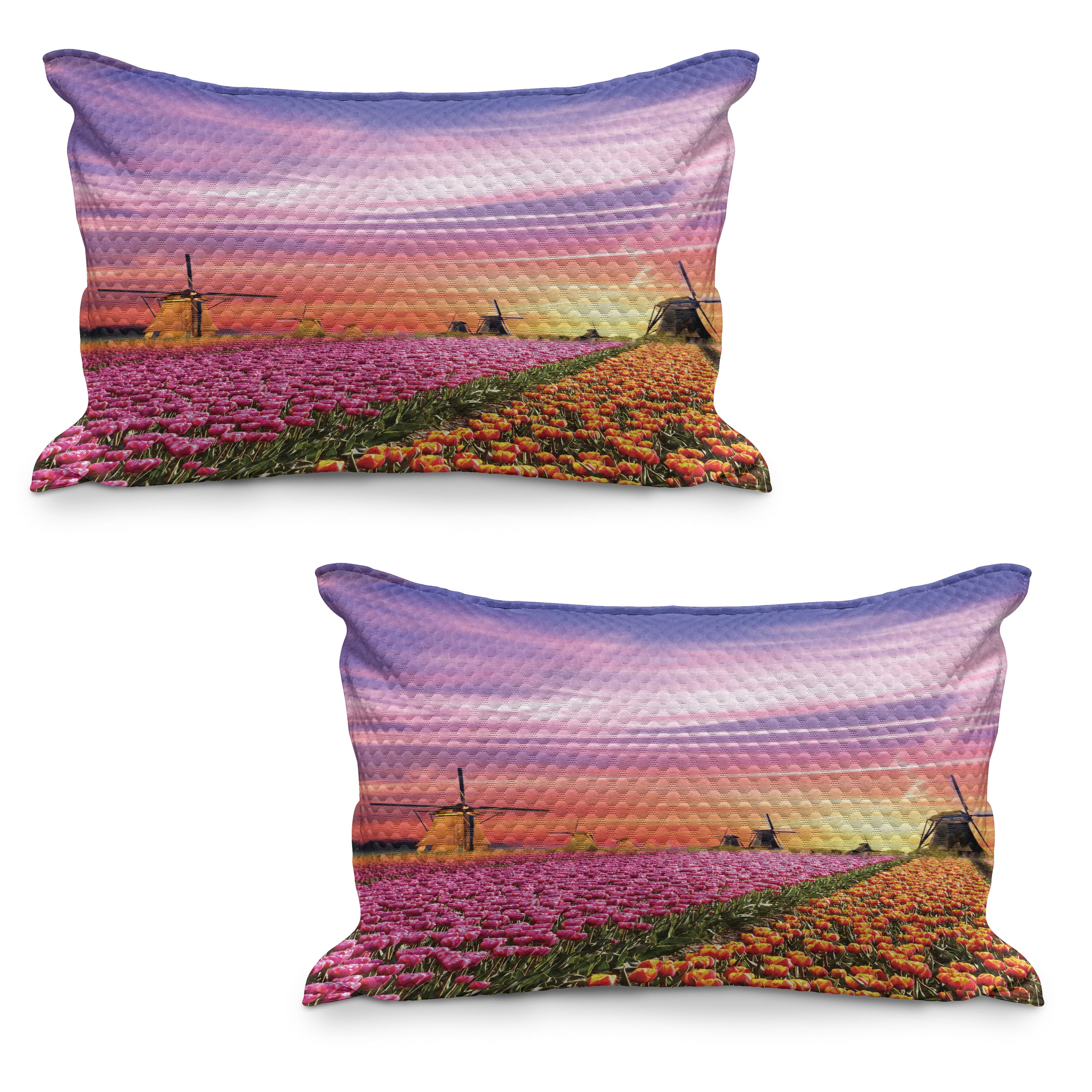 Nature Quilted Pillowcover Set of 2, Tulip Fields and Windmills in ...