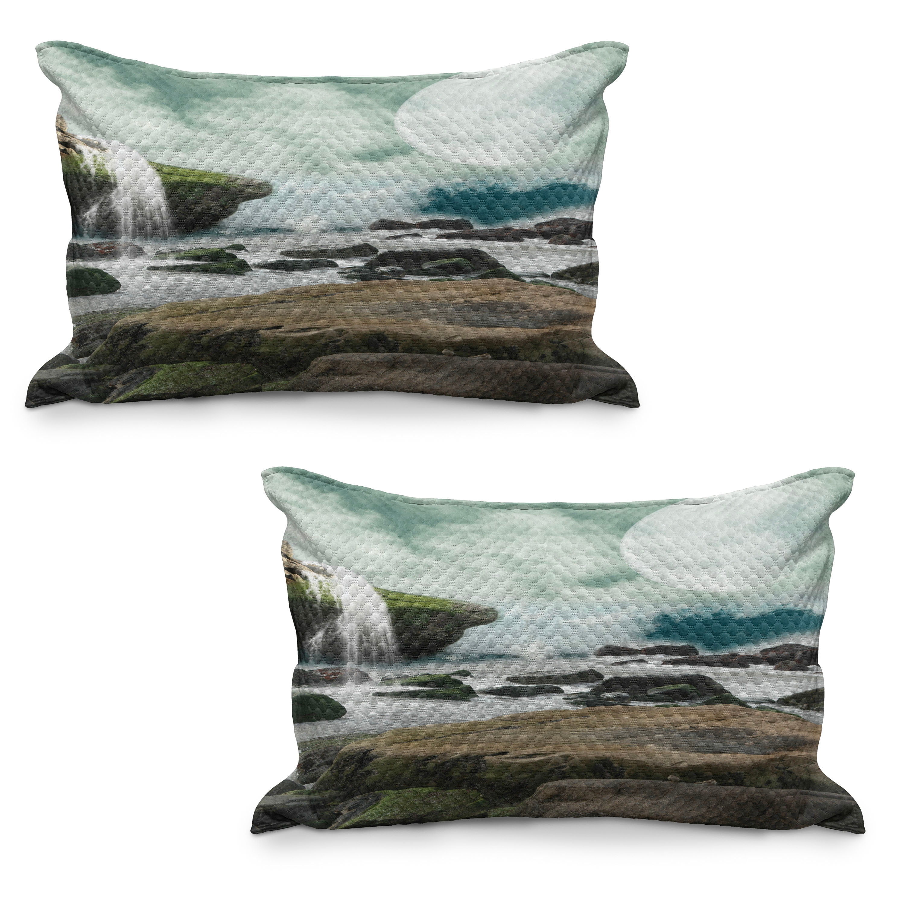 Nature Quilted Pillowcover Set of 2, Waterfall Streams on Rocks Foggy ...