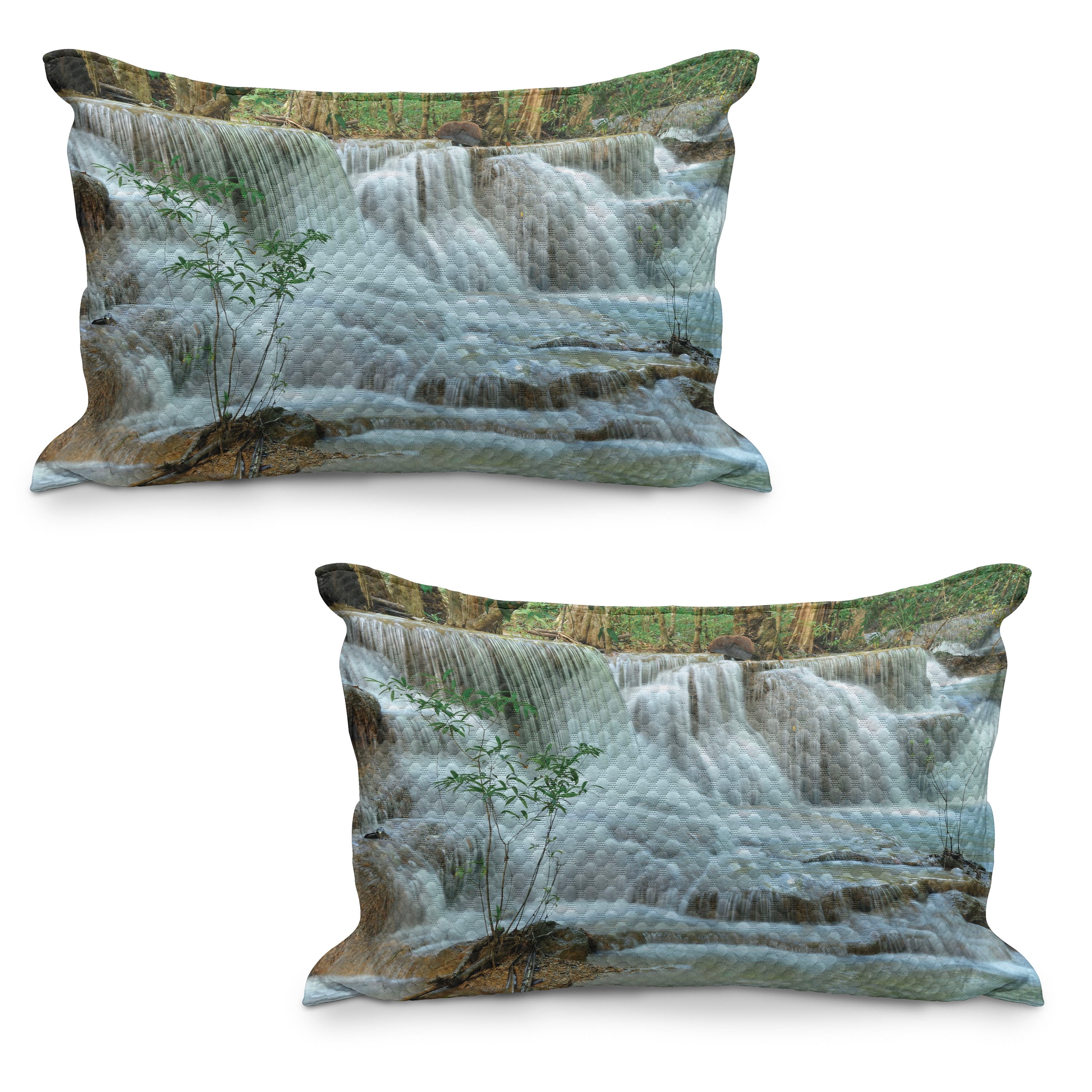 Nature Quilted Pillowcover Set of 2, Waterfall Trees Japanese Garden ...