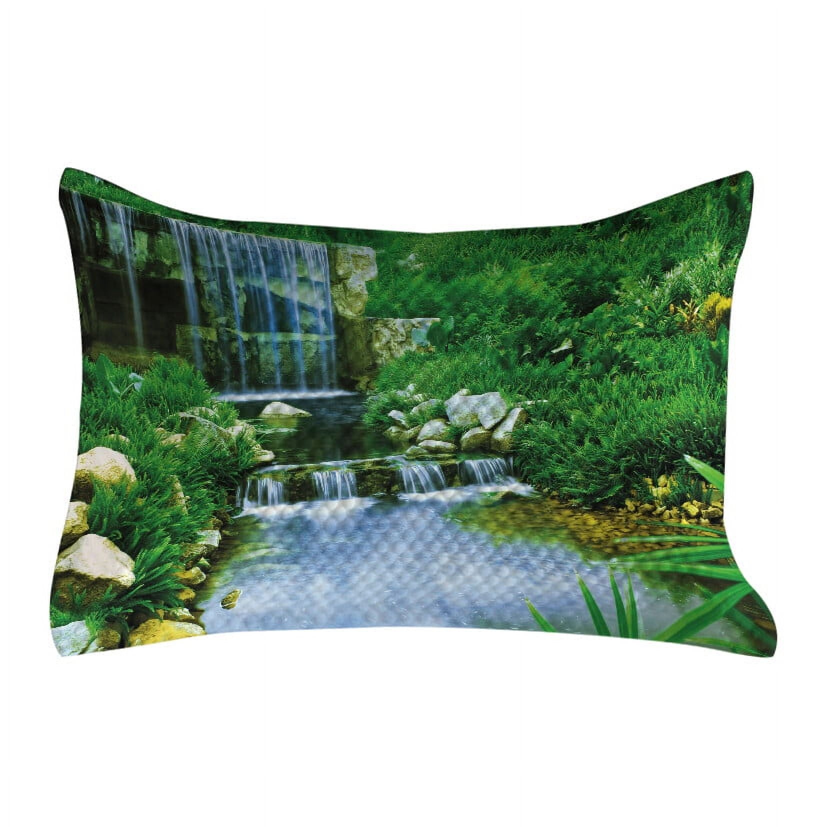 Nature Quilted Pillowcover, Waterfall Flowing down the Rocks Foliage ...