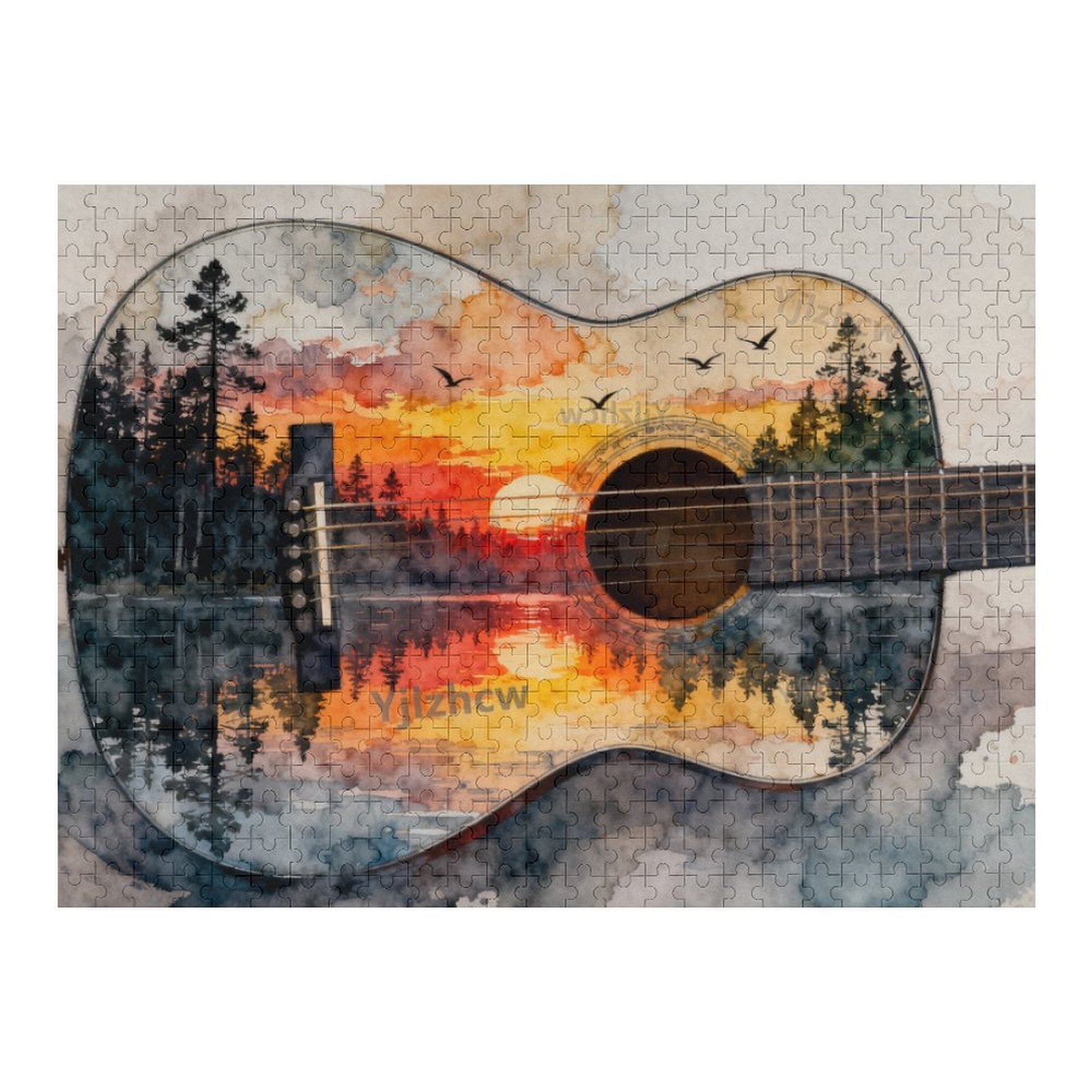 Nature Reflection with Guitar Forest Lake Watercolor Wooden Puzzle 1000 ...