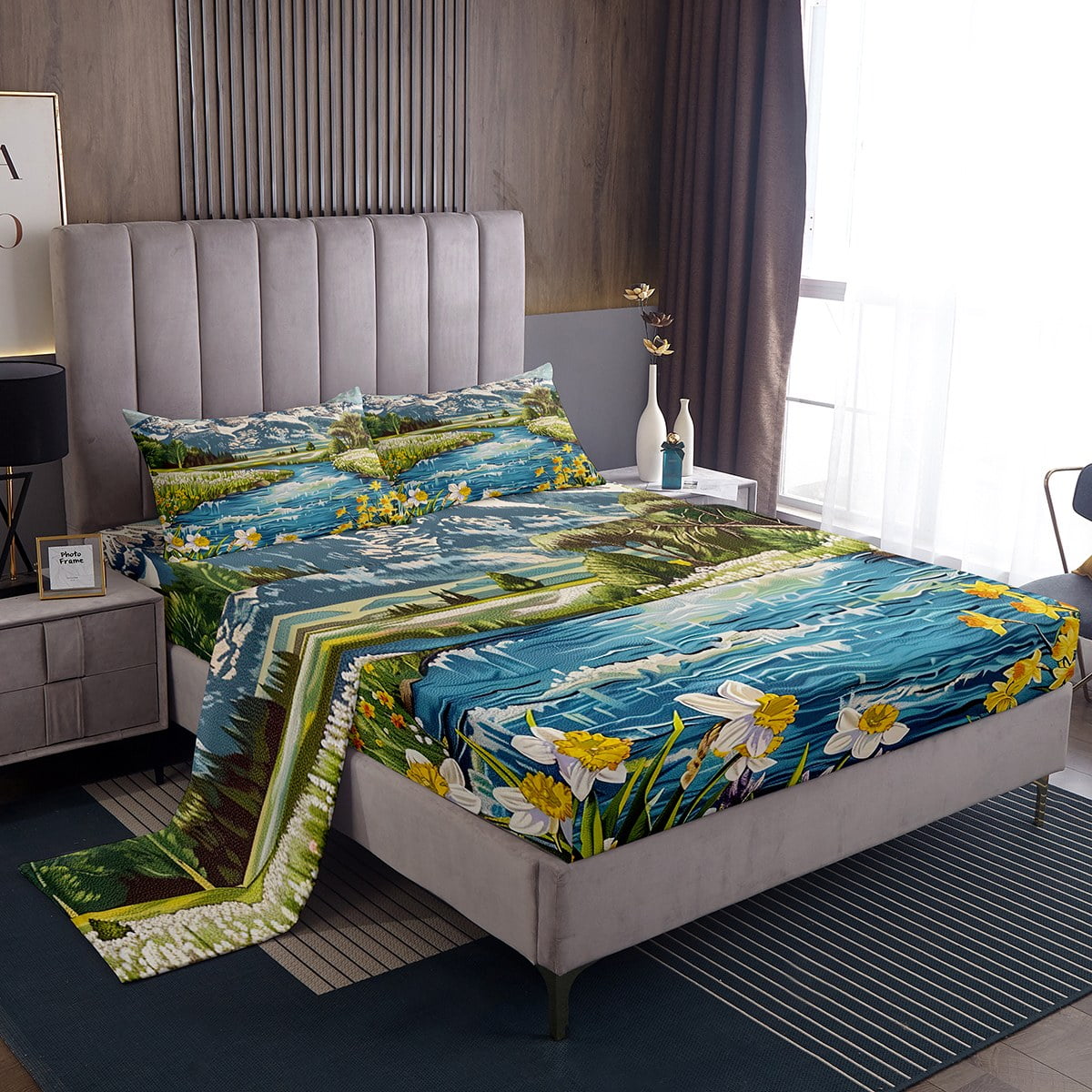 Nature River Bed Sheet Queen Size,Jungle Snowy Mount Trees Flowers ...