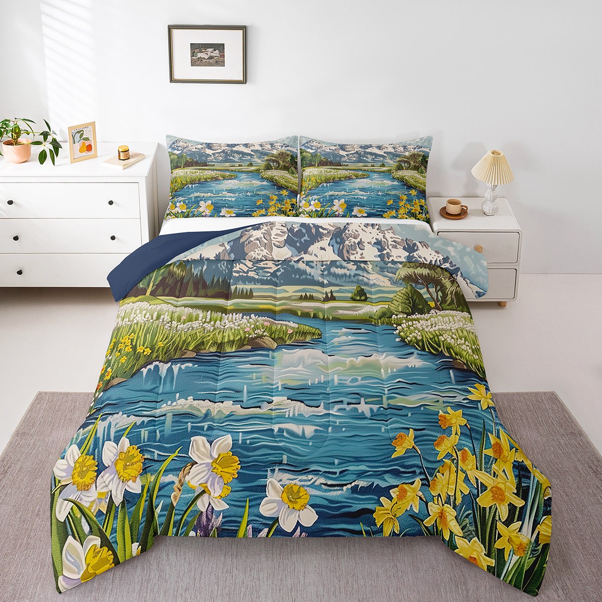 Nature River Comforter Set,Jungle Snowy Mount Trees Flowers Watercolor ...