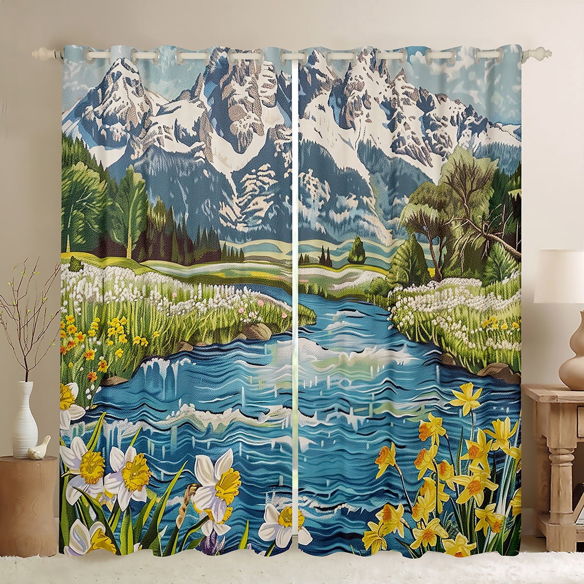 Nature River Window Curtain Set of 2 Panels,Jungle Snowy Mount Trees ...