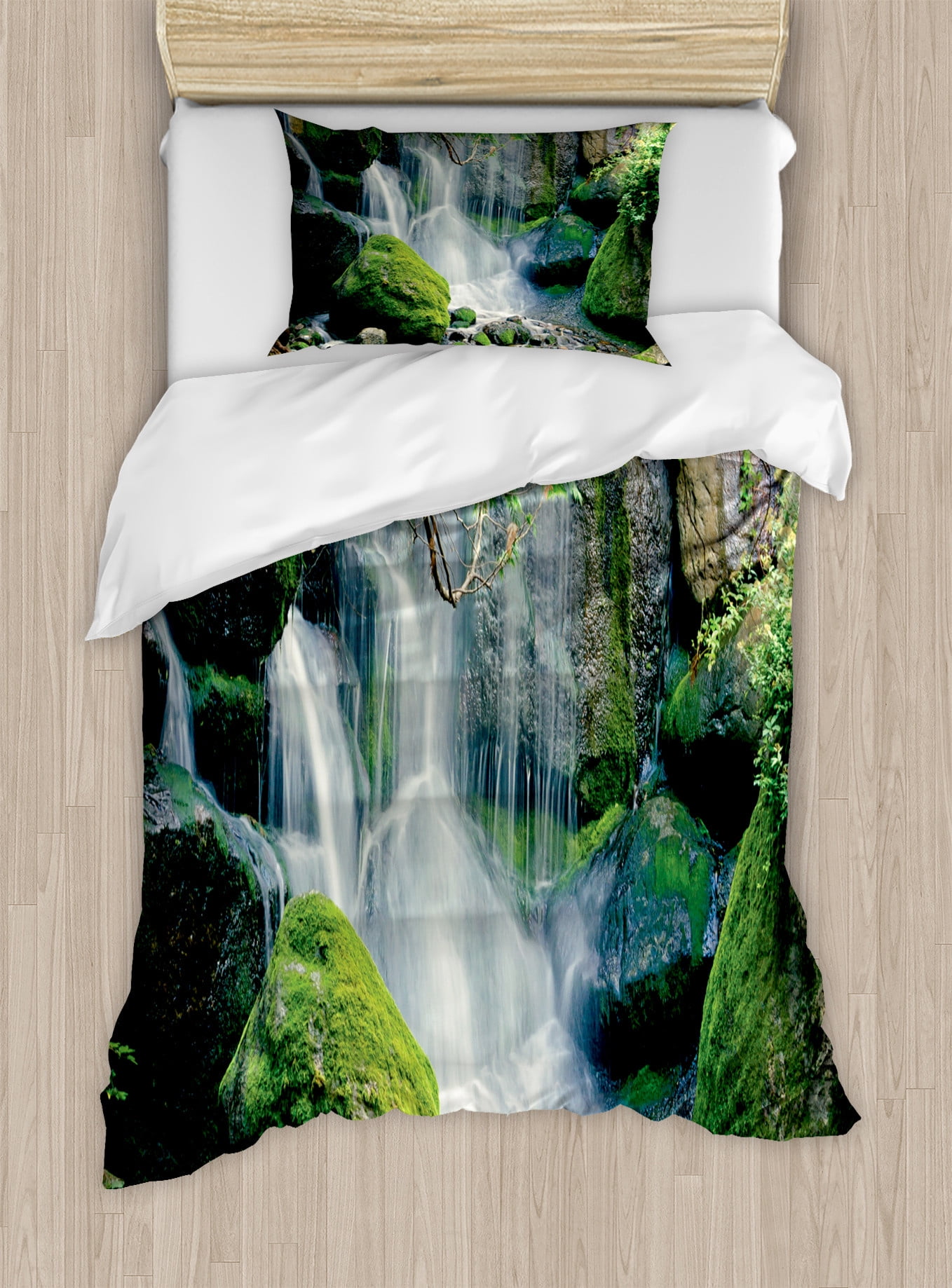 Nature Scene Duvet Cover Set, Natural Waterfall Flows on Rocks with ...