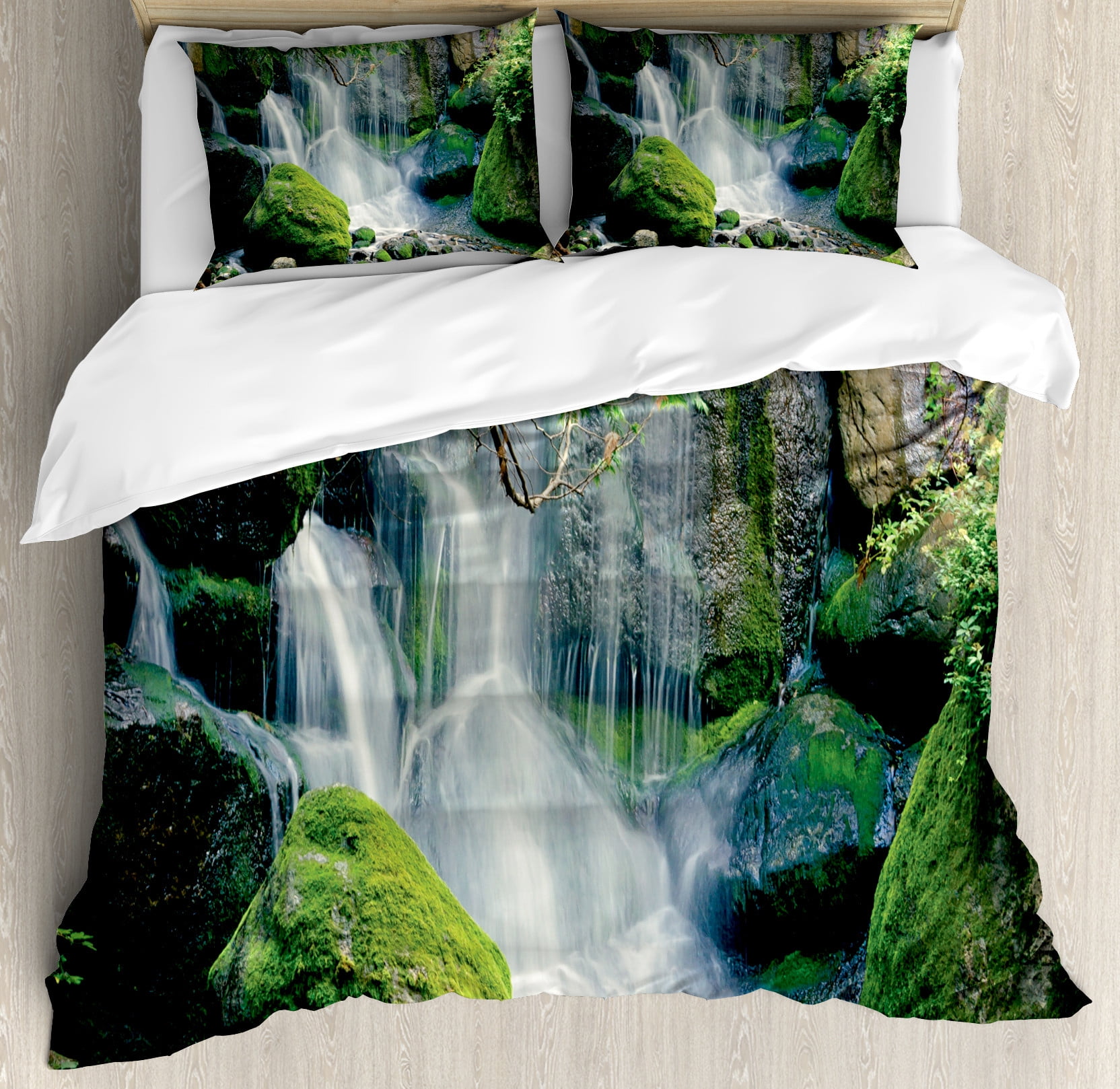 Nature Scene Duvet Cover Set, Natural Waterfall Flows on Rocks with ...