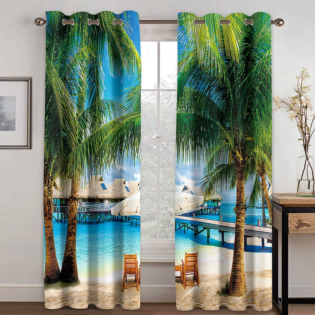 Nature Scenery Beach Sea Coconut Tree Sky Window Curtains Drapes for ...