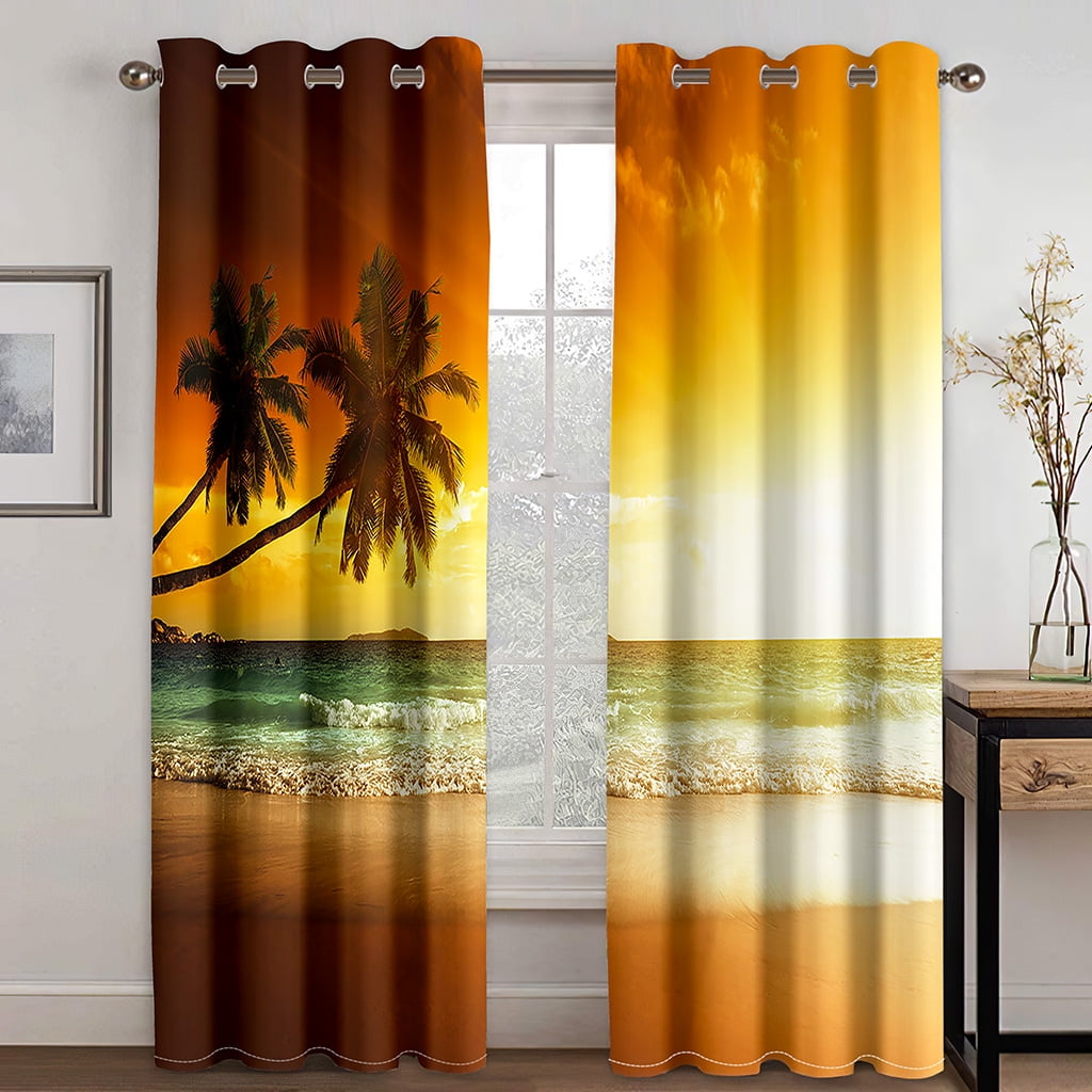 Nature Scenery Beach Sea Coconut Tree Sky Window Curtains Drapes for ...