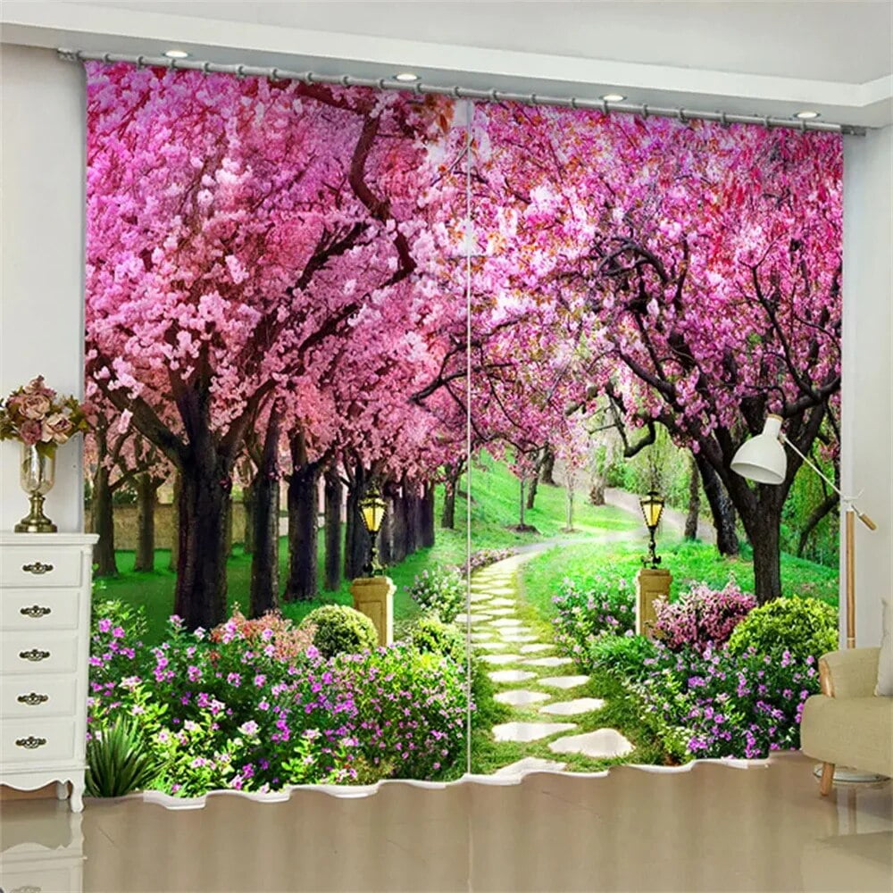 Nature Scenery Pink Cherry Flower Tree Garden Window Curtains For ...