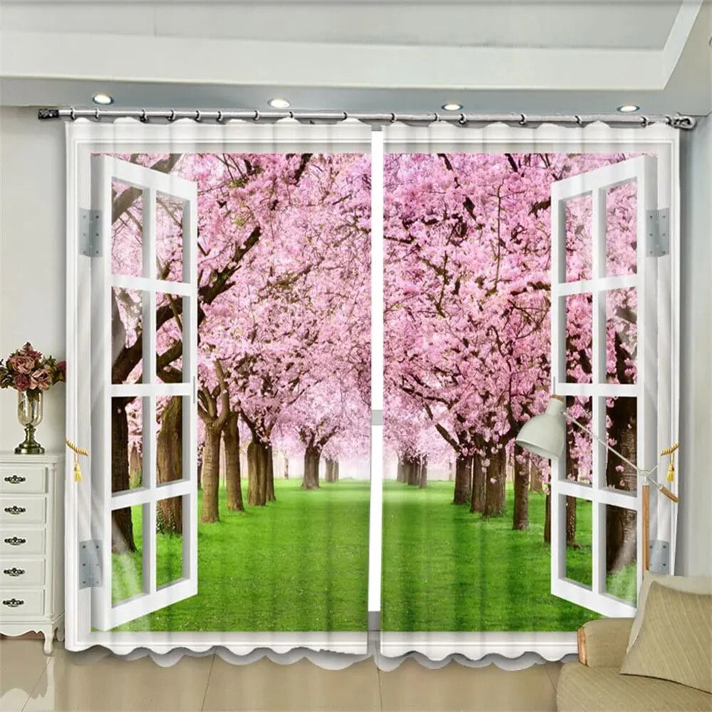 Nature Scenery Pink Cherry Flower Tree Garden Window Curtains For ...