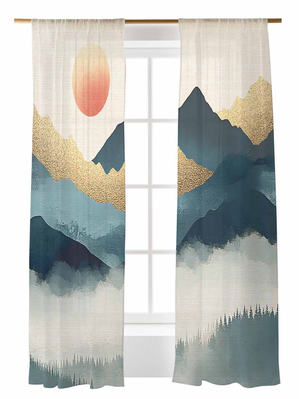 Nature Scenery Sheer Curtains 2 Panels Set Forest Sun Mountain ...