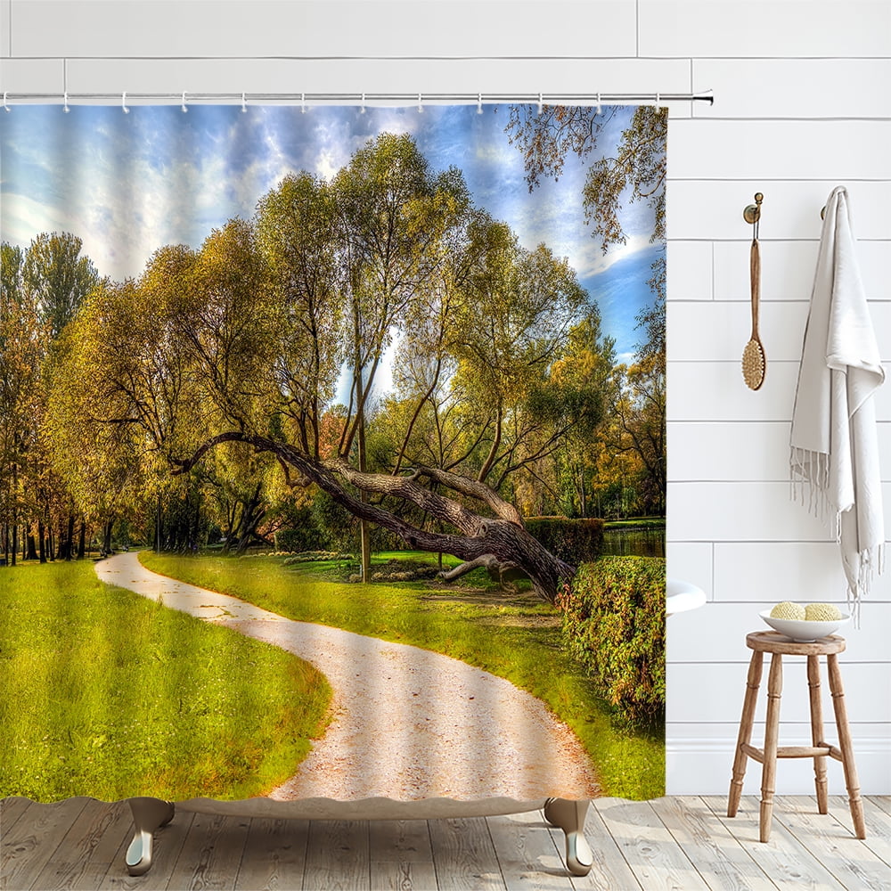 Nature Scenery Shower Curtain Meadow Rural Country Flower Field Tree ...