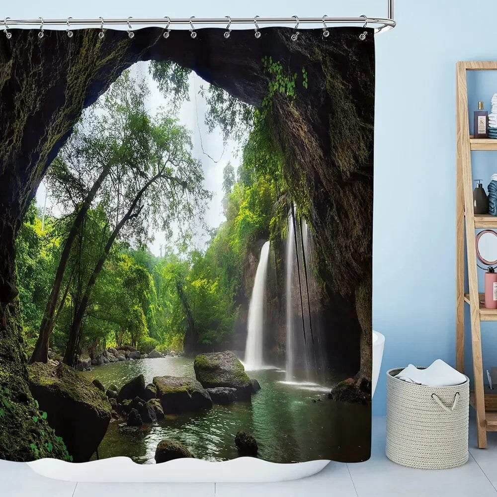 Nature Scenery Waterfall Shower Curtain Spa Mountain Cave Forest Tree ...