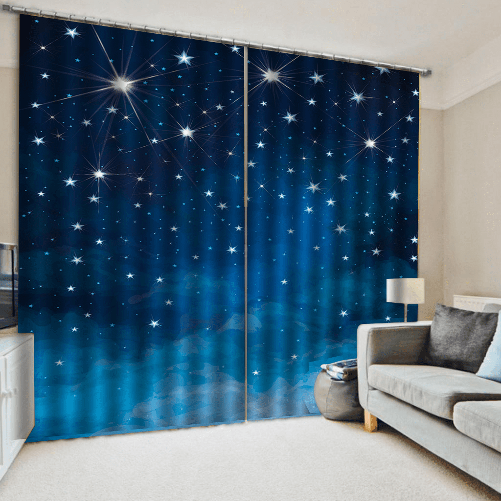 Nature Senery Night Sky Shiny Moon Star Ocean Sea Window Curtains Binds ...