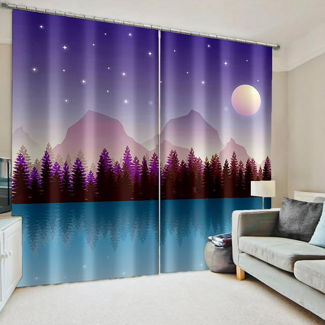 Nature Senery Night Sky Shiny Moon Star Ocean Sea Window Curtains Binds ...