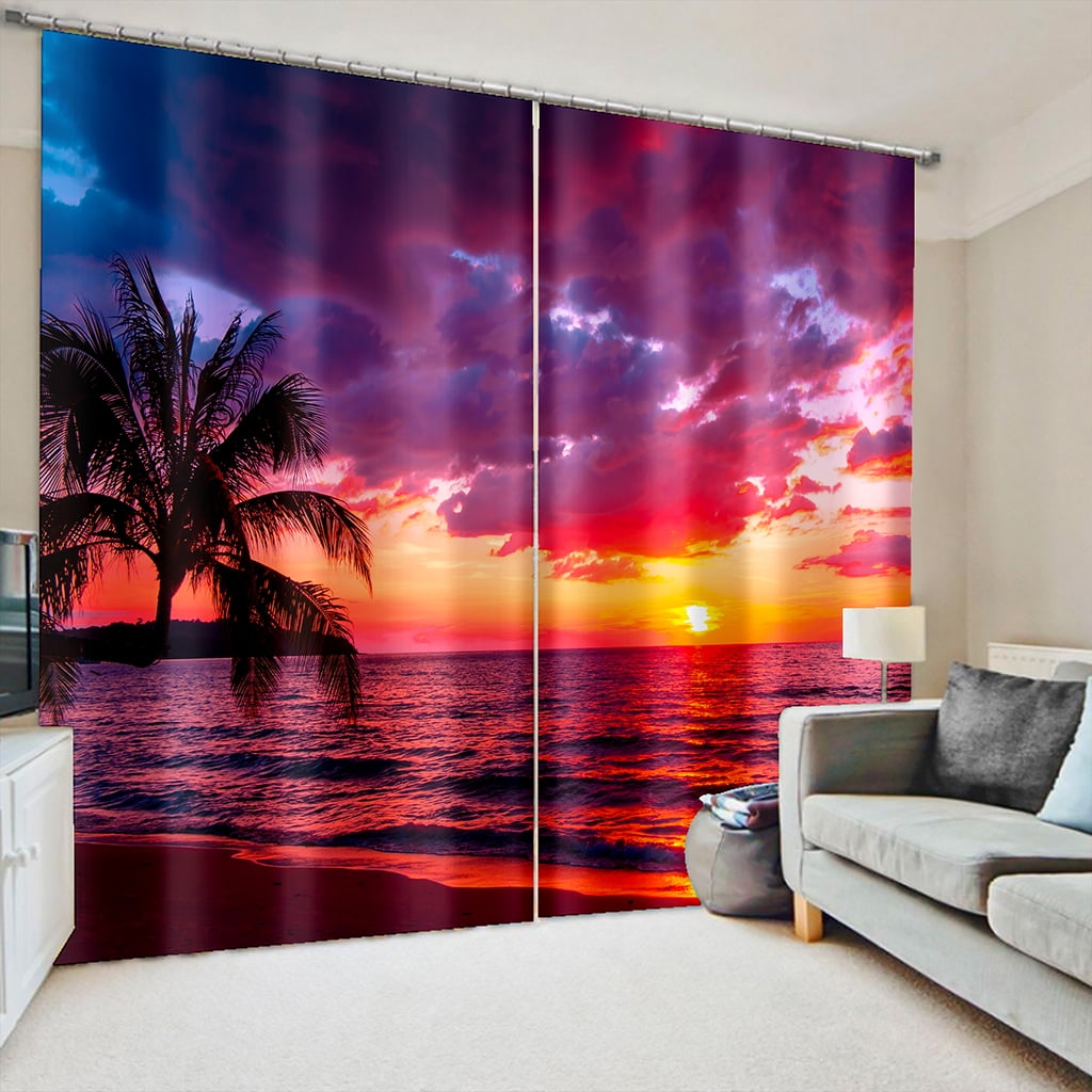 Nature Senery Sunset Beach Sky Sea Tree Window Curtain Blinds For ...