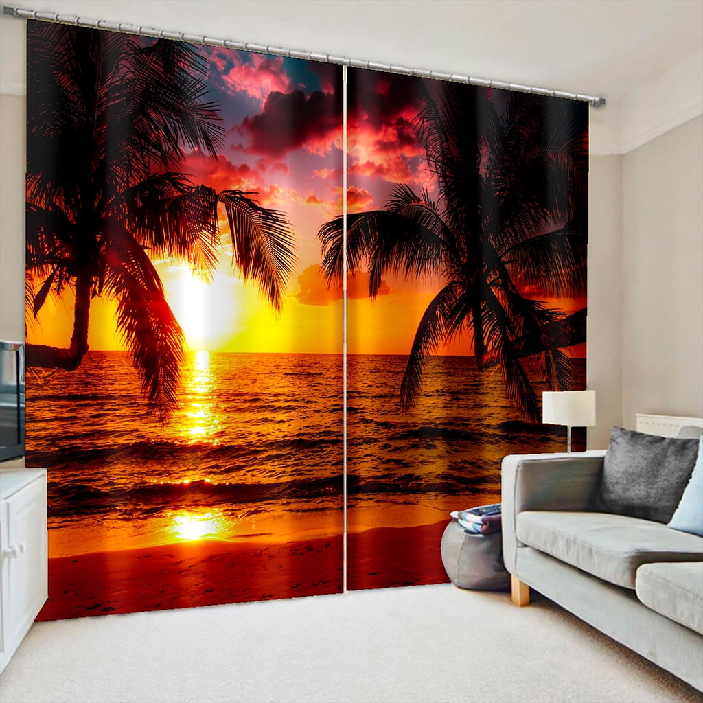 Nature Senery Tree Beach Sea Sunset Ocean Sky Window Curtains Binds for ...