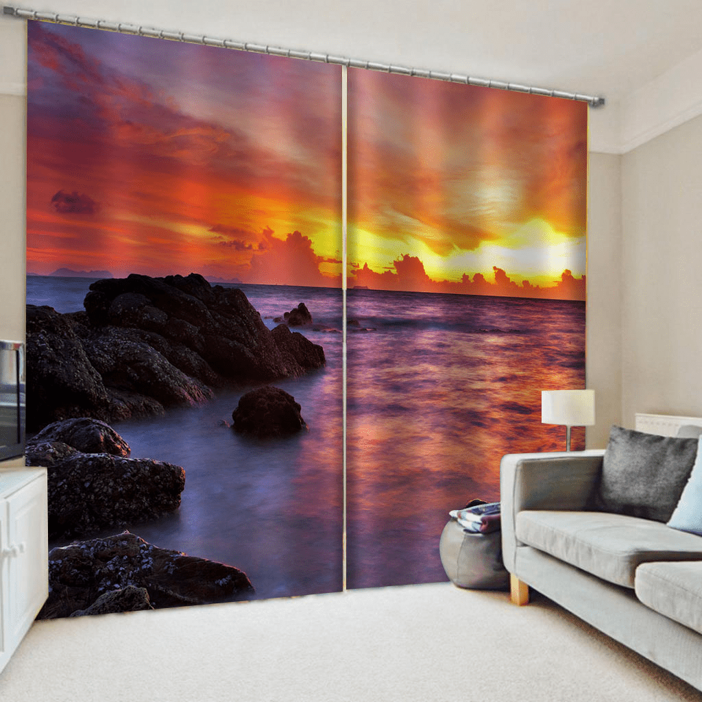 Nature Senery Tree Beach Sea Sunset Ocean Sky Window Curtains Binds for ...