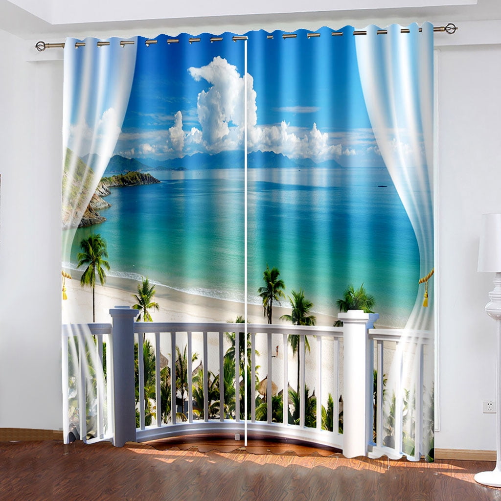 Nature Senery View Beach Ocean Sea Forest Tree Window Curtains Blinds ...