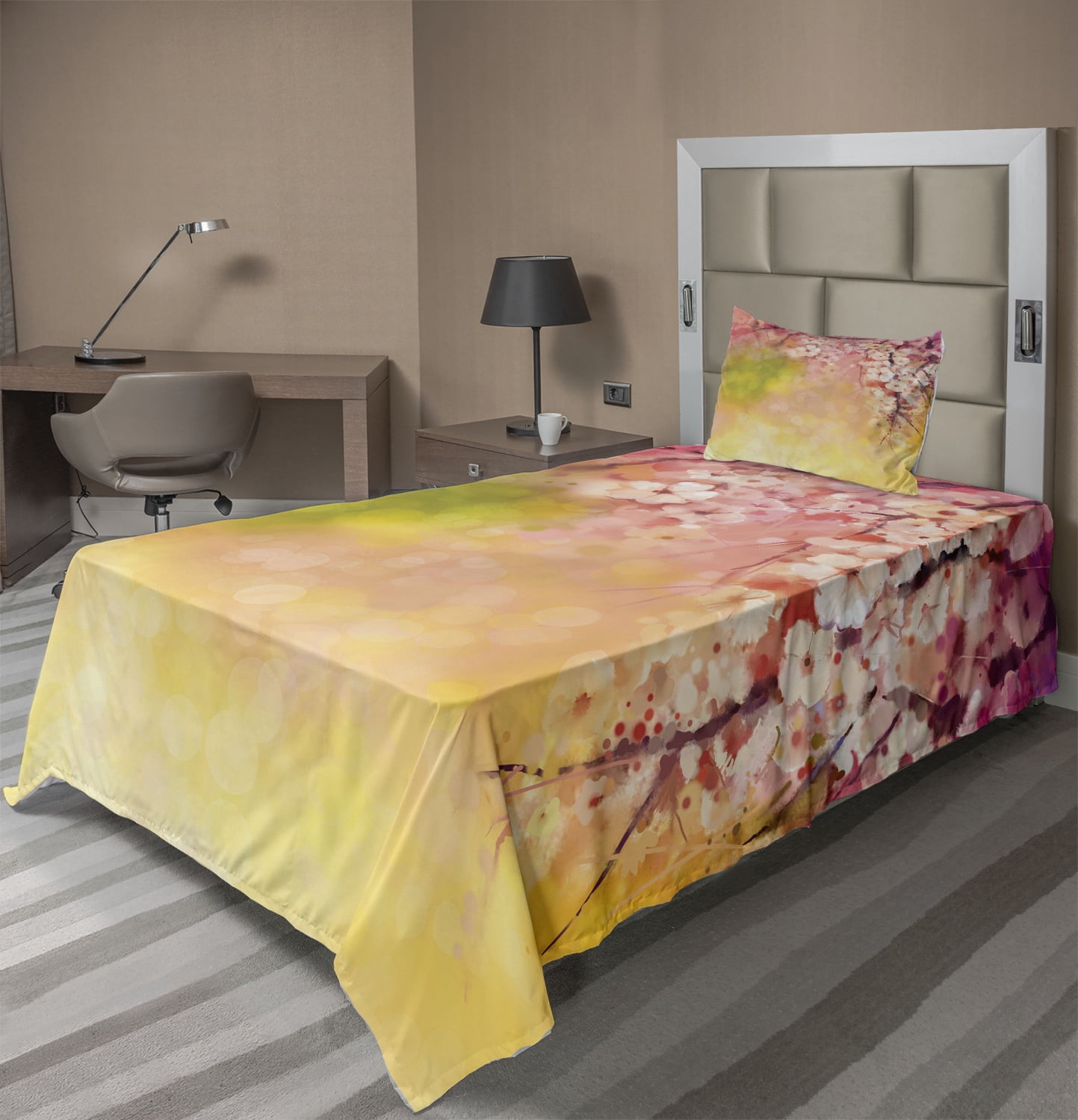 Ambesonne Japanese Fitted & Top Sheet Set with Sham, Sakura Floral ...