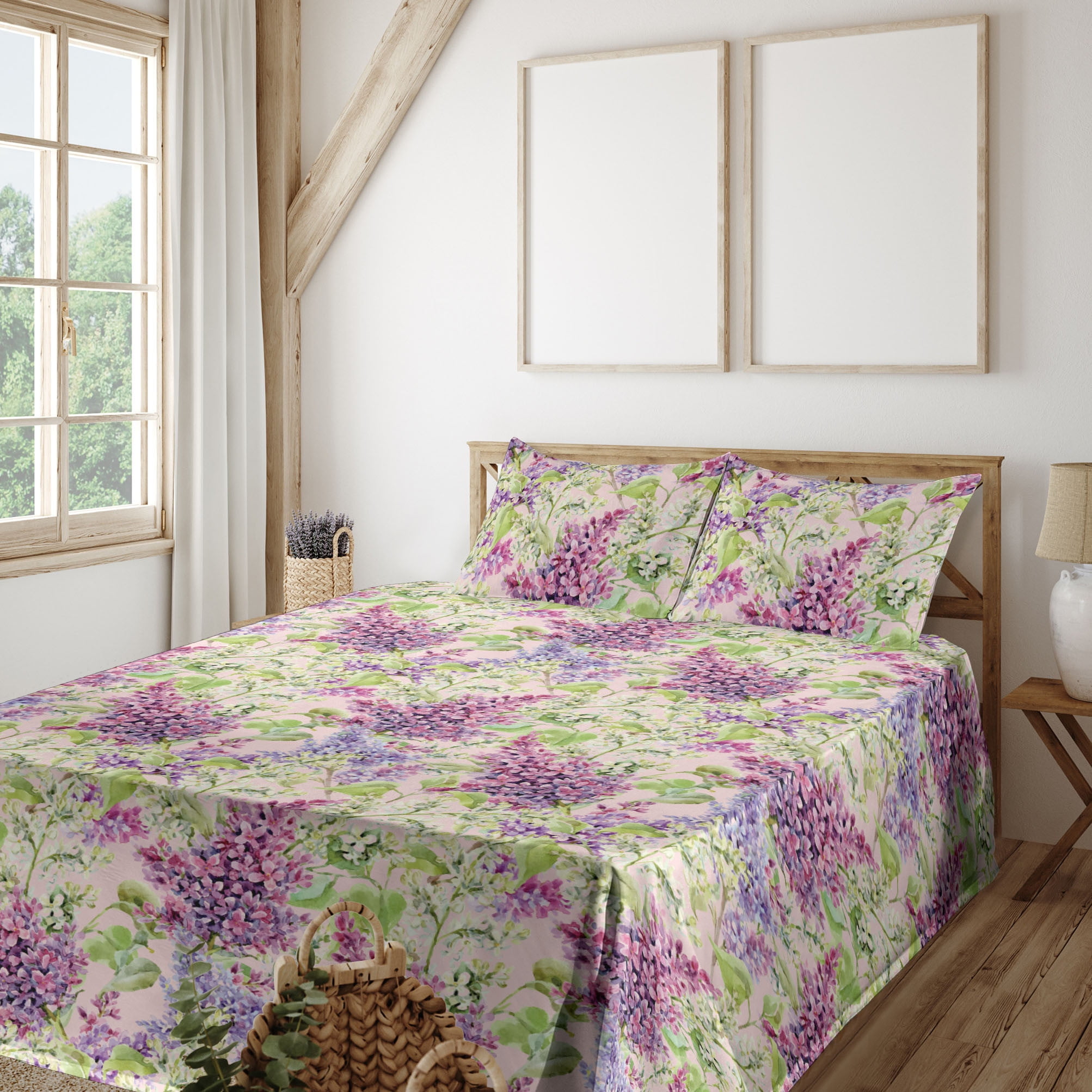 Ambesonne Nature Fitted & Flat Sheet with Shams 4 Pcs Set, Lilac ...