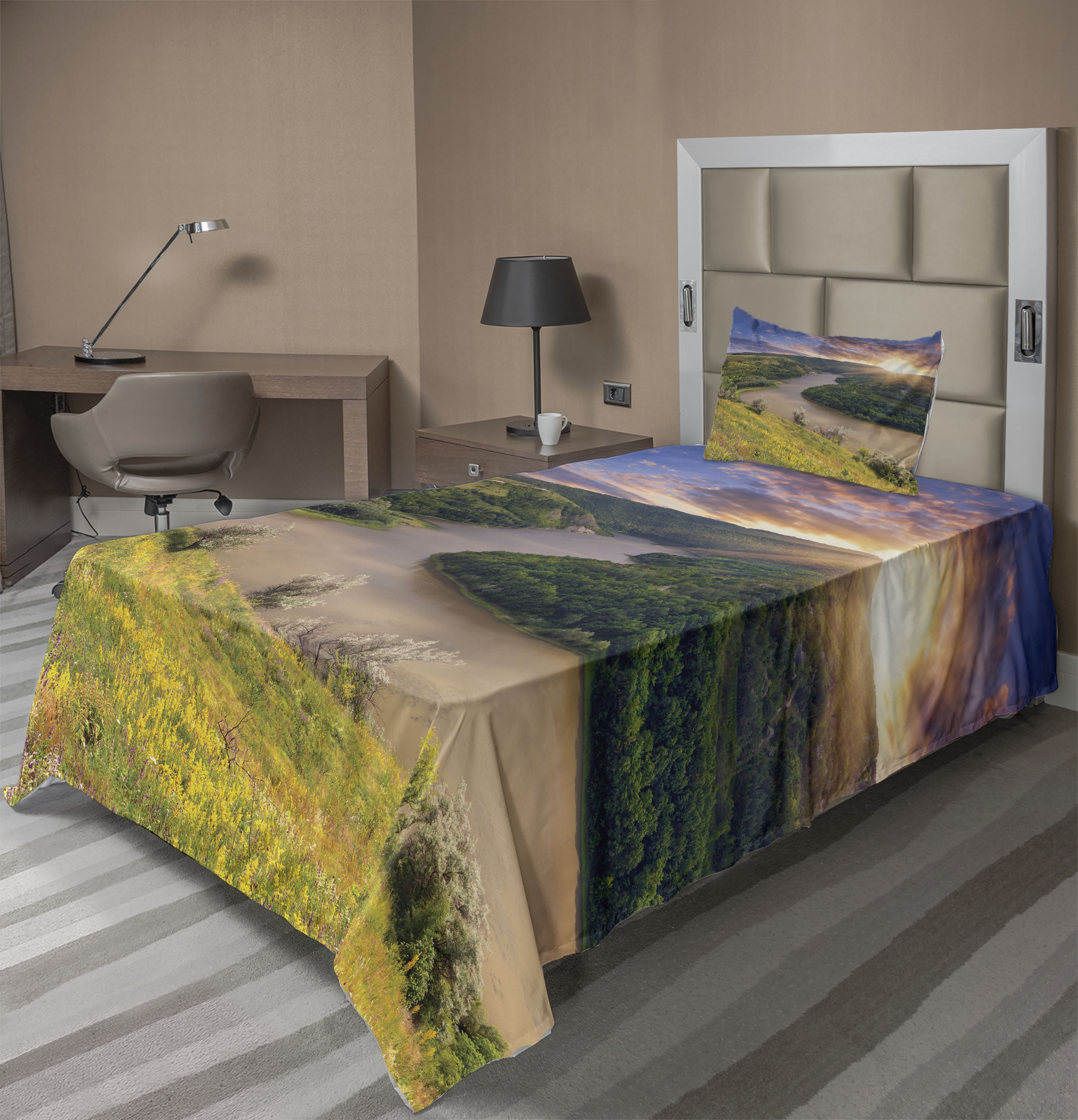 Nature Sheet Set, Rising Sun over Calm Riverbed with Trees and Meadows ...