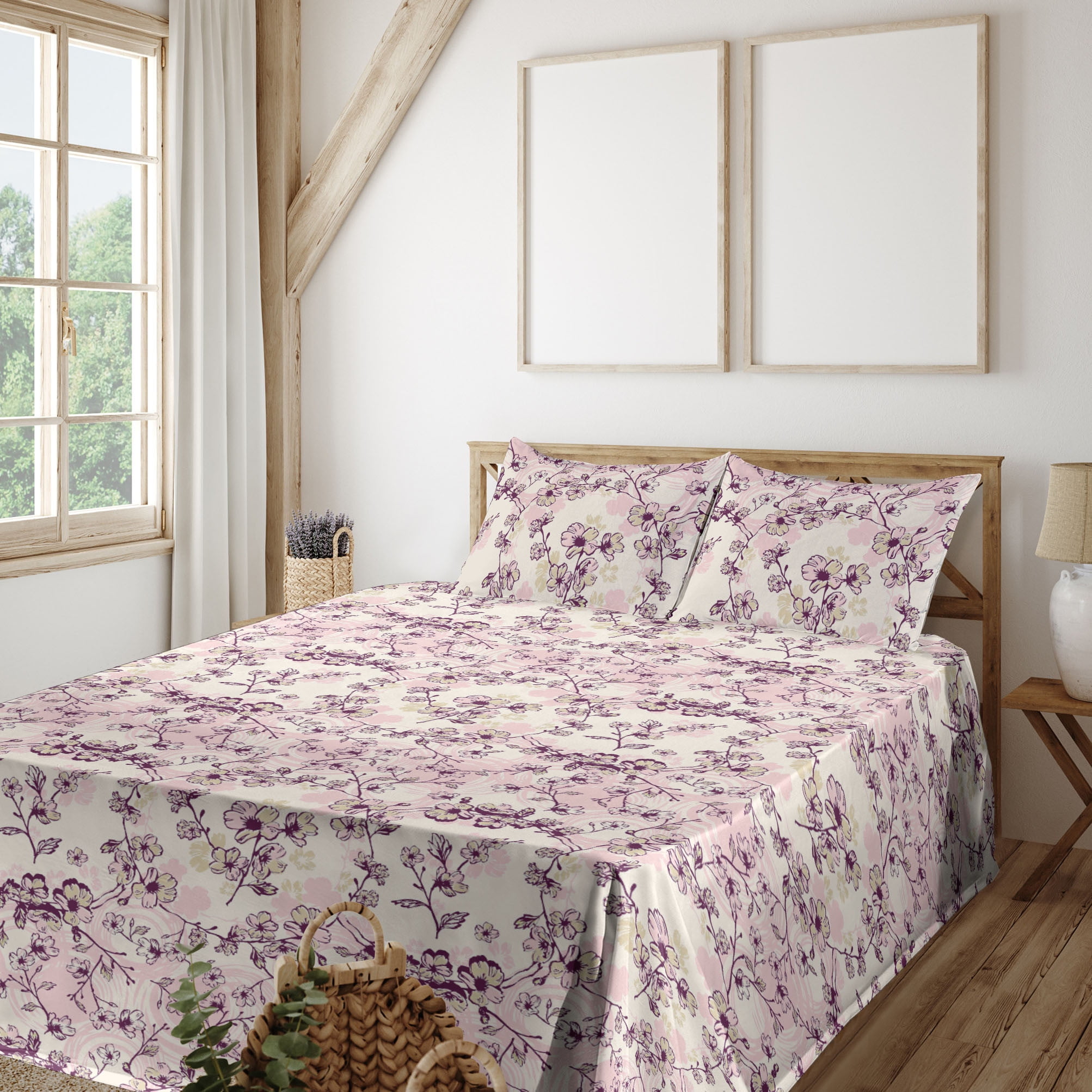 Nature Sheet Set, Traditional Style Flora Sketch Pattern With Circle ...