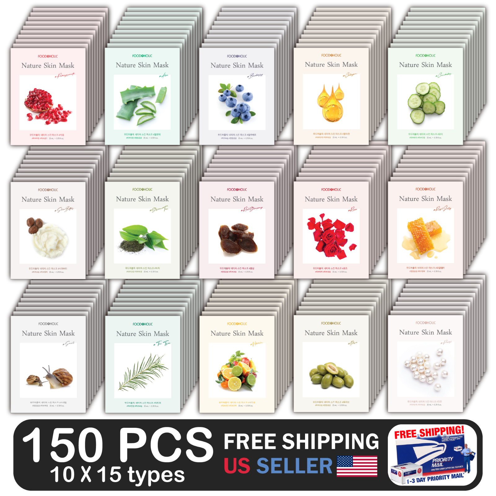 Nature Skin 】 150 psc Combo,Premium Korean Essence Mask Sheet ( 10 x ...