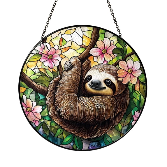 Nature Sloth Floral Stained Glass Style Suncatcher Panel, Decorative ...