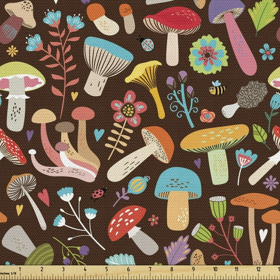 Ambesonne Nature Fabric by the Yard Upholstery, Flowers Leaves on Brown ...