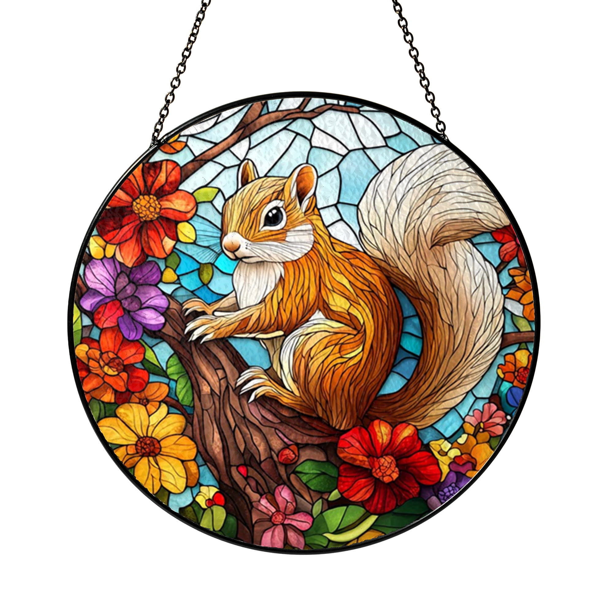 Nature Squirrel and Flowers Stained Glass Suncatcher – Window Decor ...