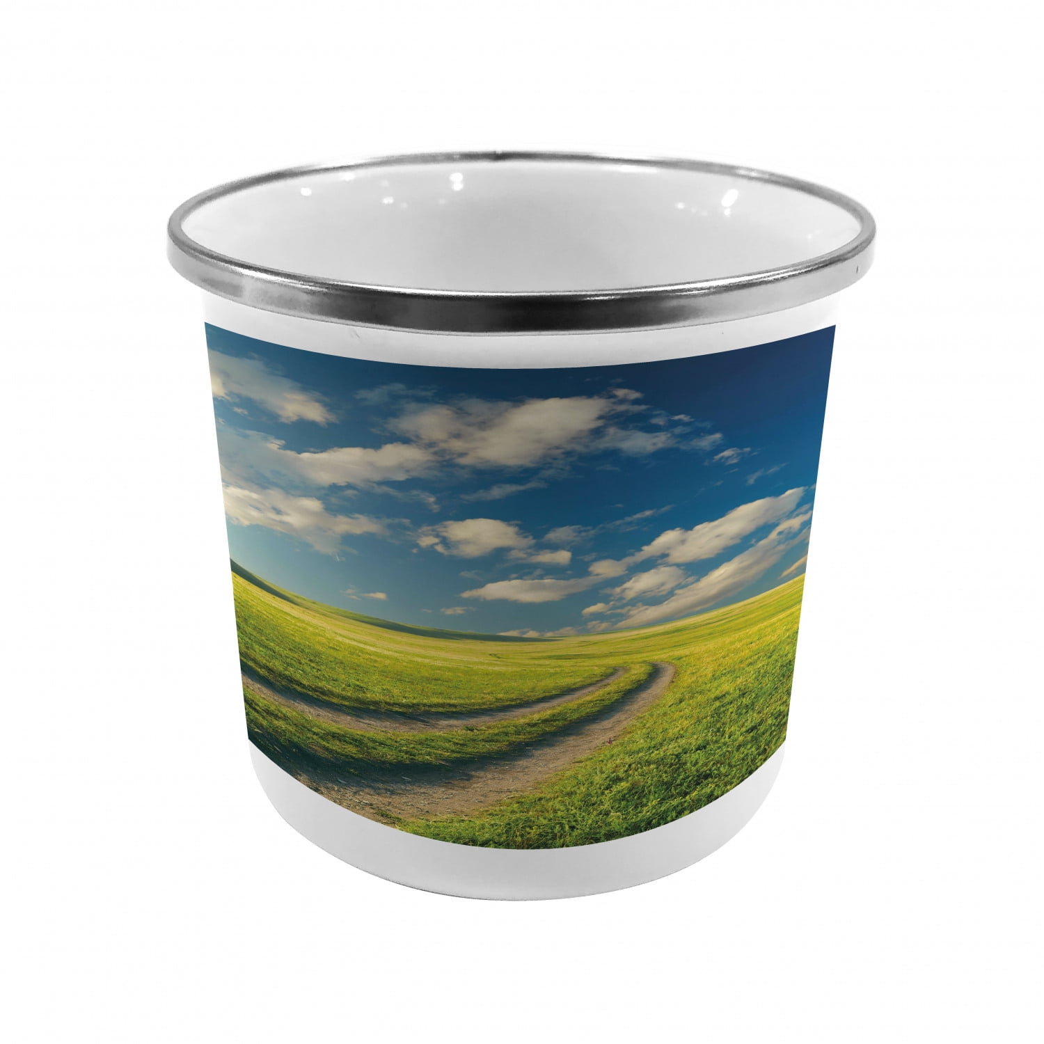 Nature Steel Camping Mug, Grass Path Clouds Sky Serene Sun Spring Rural ...