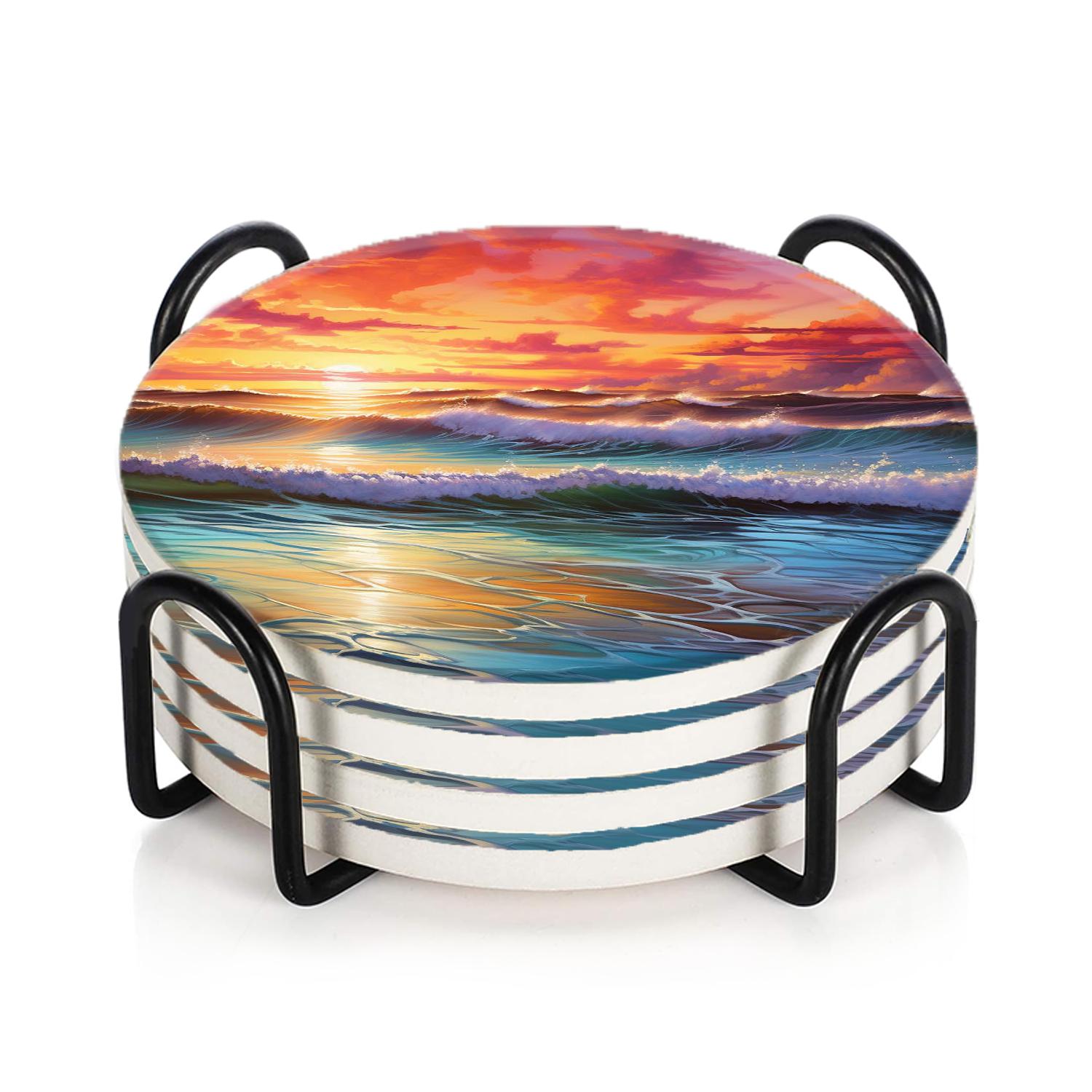 Nature Sunset Sky Clouds on Lake Horizon Design Drink Coasters with ...