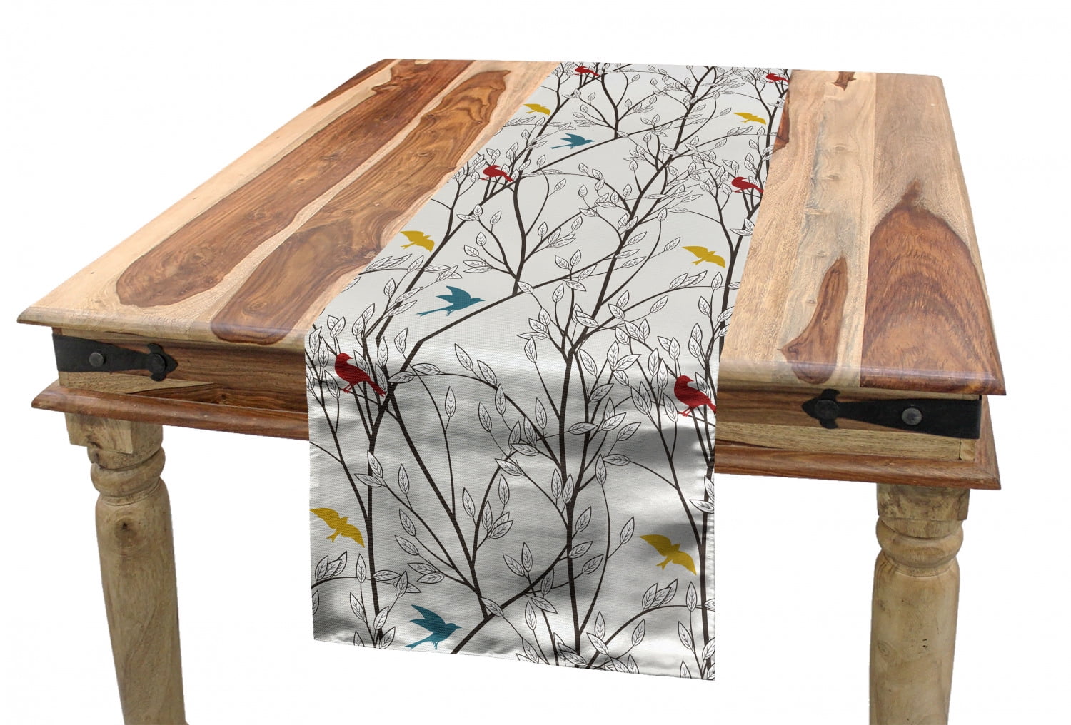 Nature Table Runner, Birds Wildlife Cartoon Like Image with Tree Leaf ...