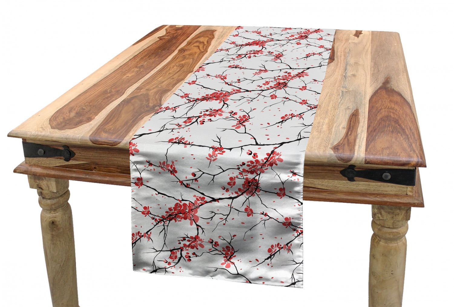 Nature Table Runner, Illustration of Sakura Branches Windy April Weather in Japanese Painting ...
