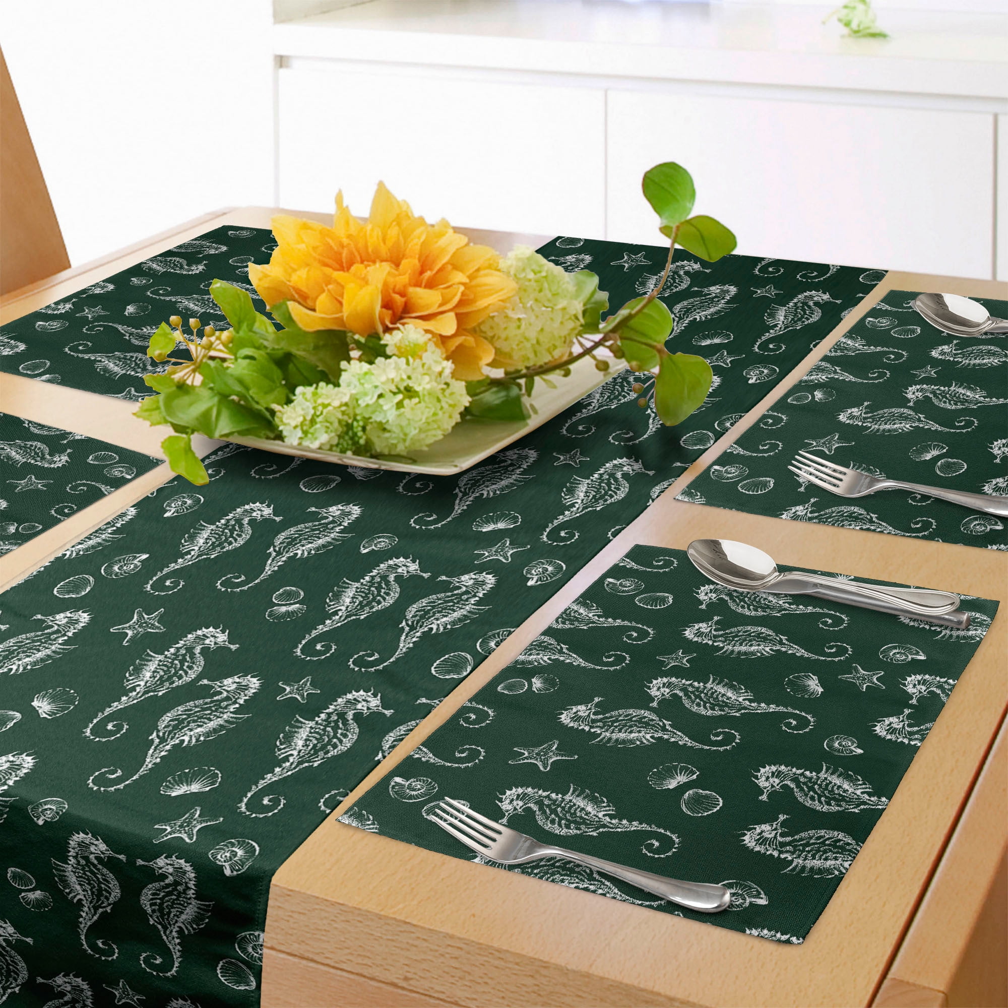 Nature Table Runner & Placemats, Hand Drawn Inspired Seahorses and ...