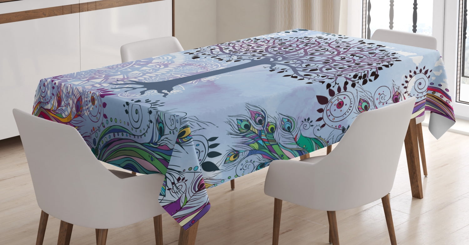 Nature Tablecloth, Cute Tree of Life Motif with Peacock Feathers Tribal ...