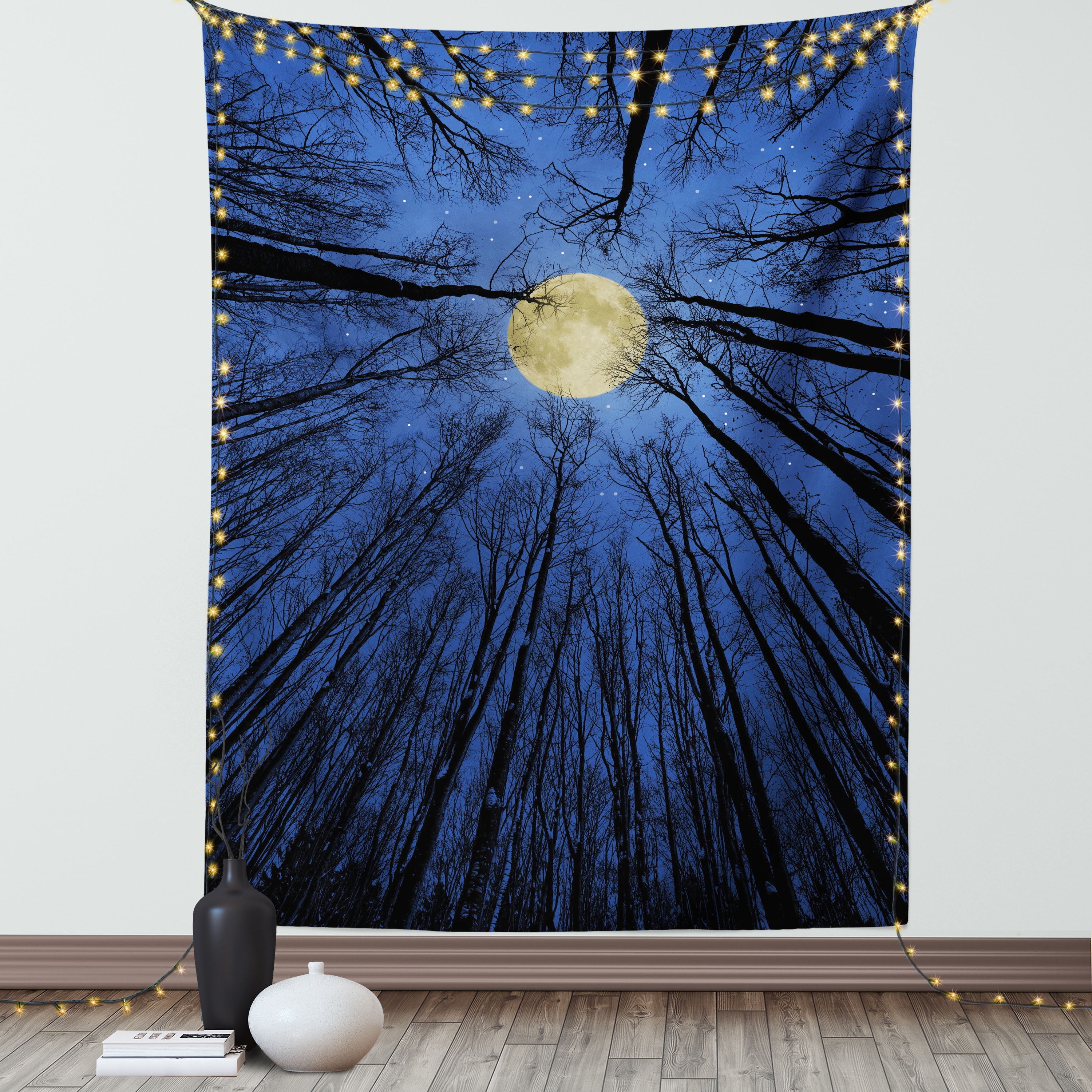 Nature Tapestry, Full Moon Depiction in Woods Star Night Heavenly Lunar ...