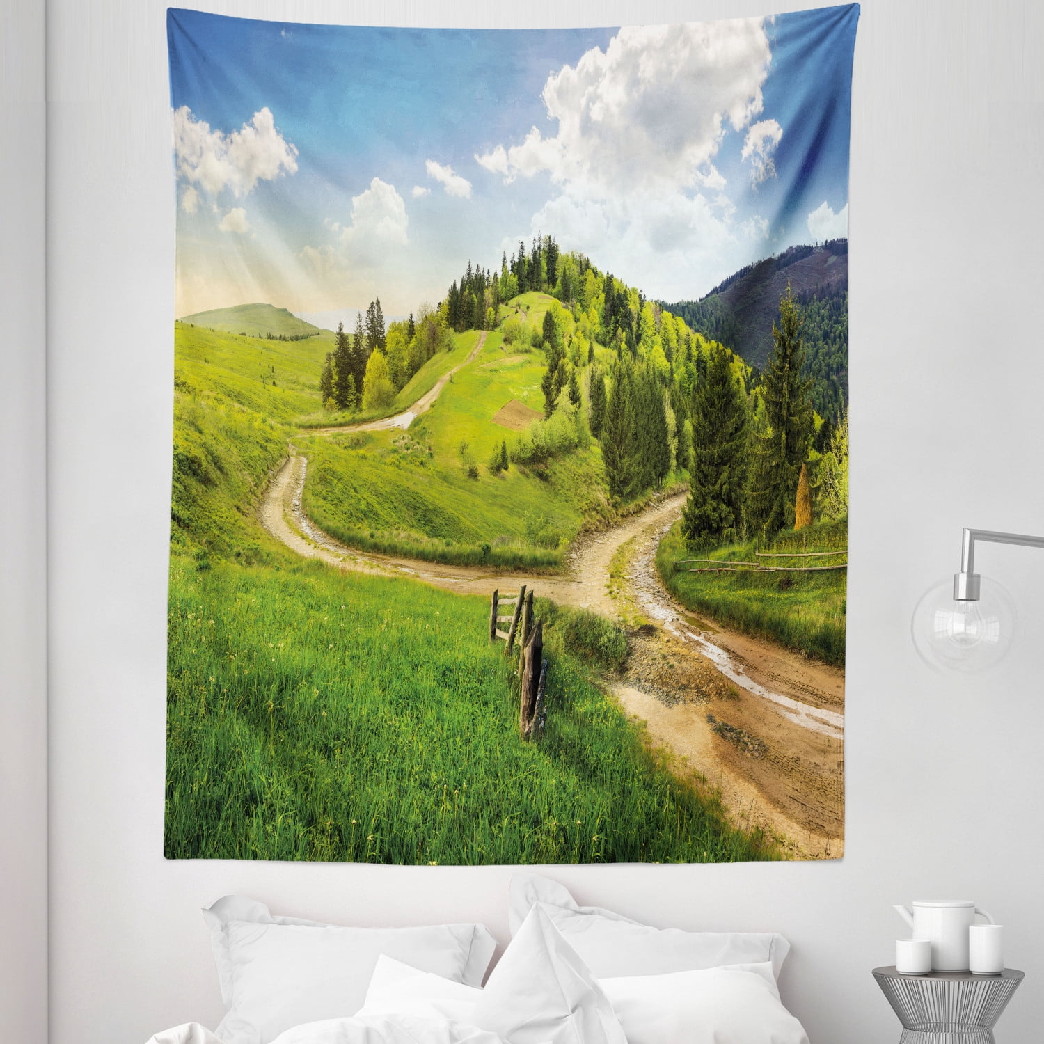 Nature Tapestry, Hillside Meadows Cloudy Sky Fence near the Road with ...