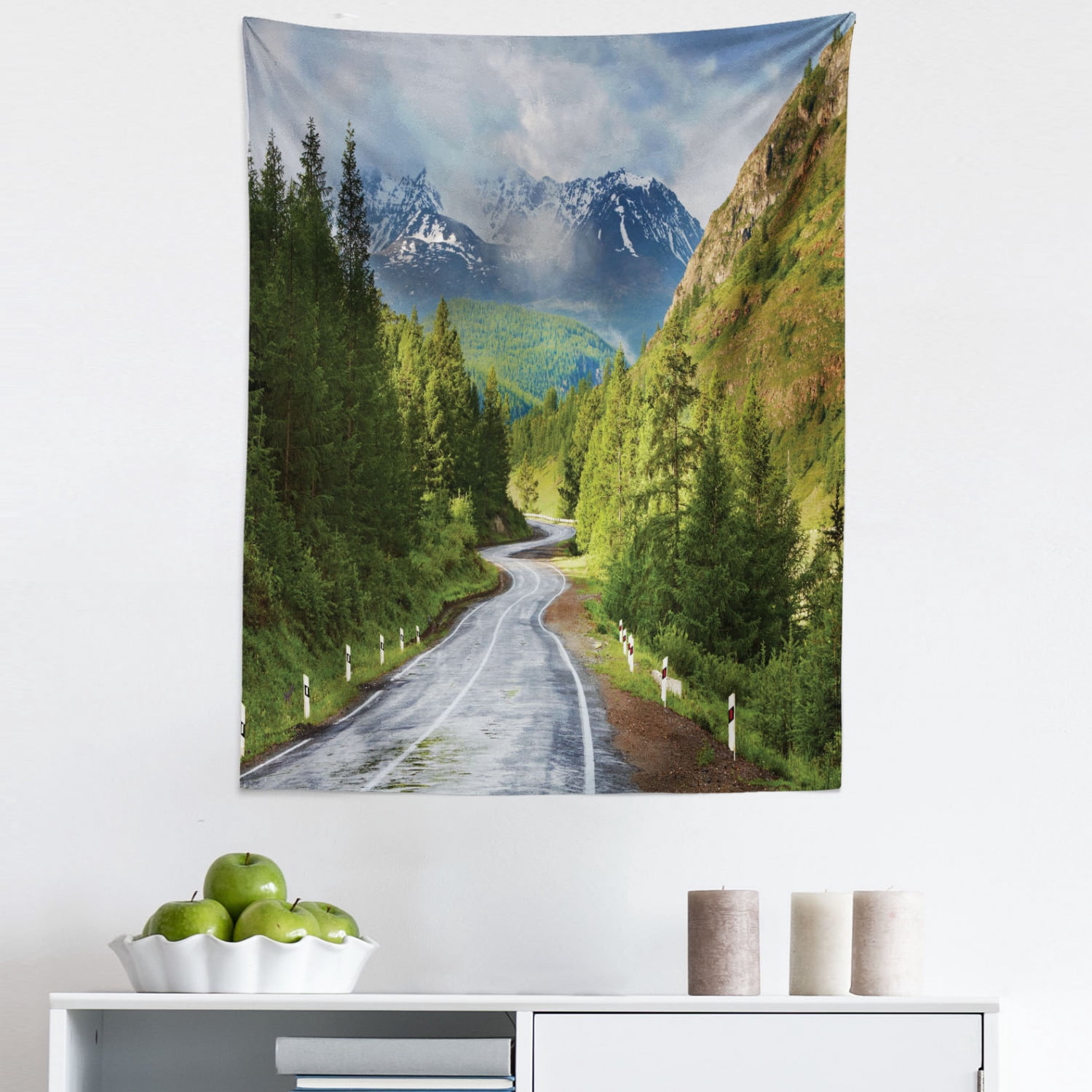 Nature Tapestry, Mountain Landscape Road Cloudy Sky Pine Trees Forest ...