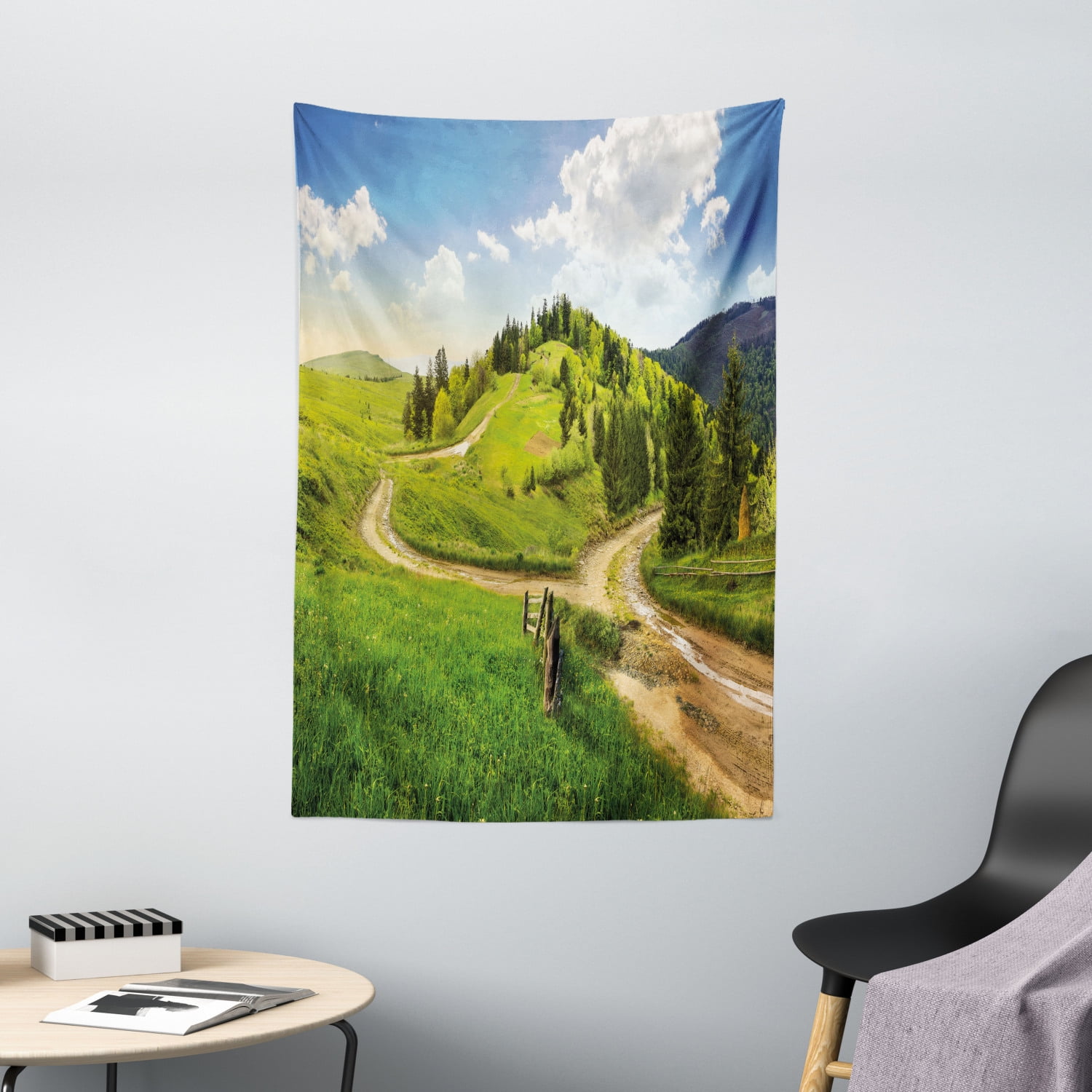 Nature Tapestry Wall Hanging Hillside Meadow Cloudy Sky Fence Near the ...